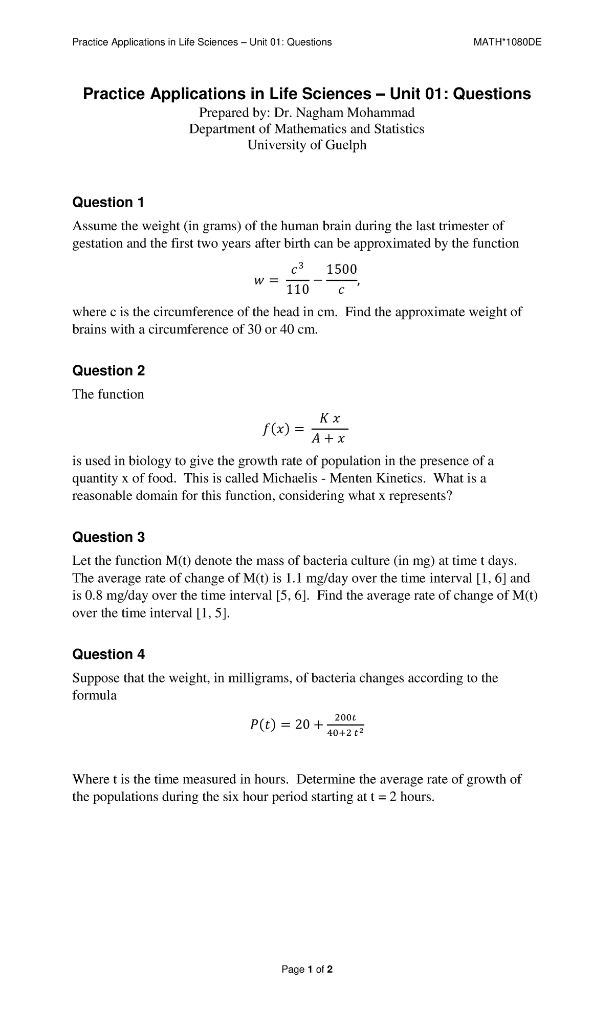 Practice application qs - Practice Applications in Life Sciences – Unit ...