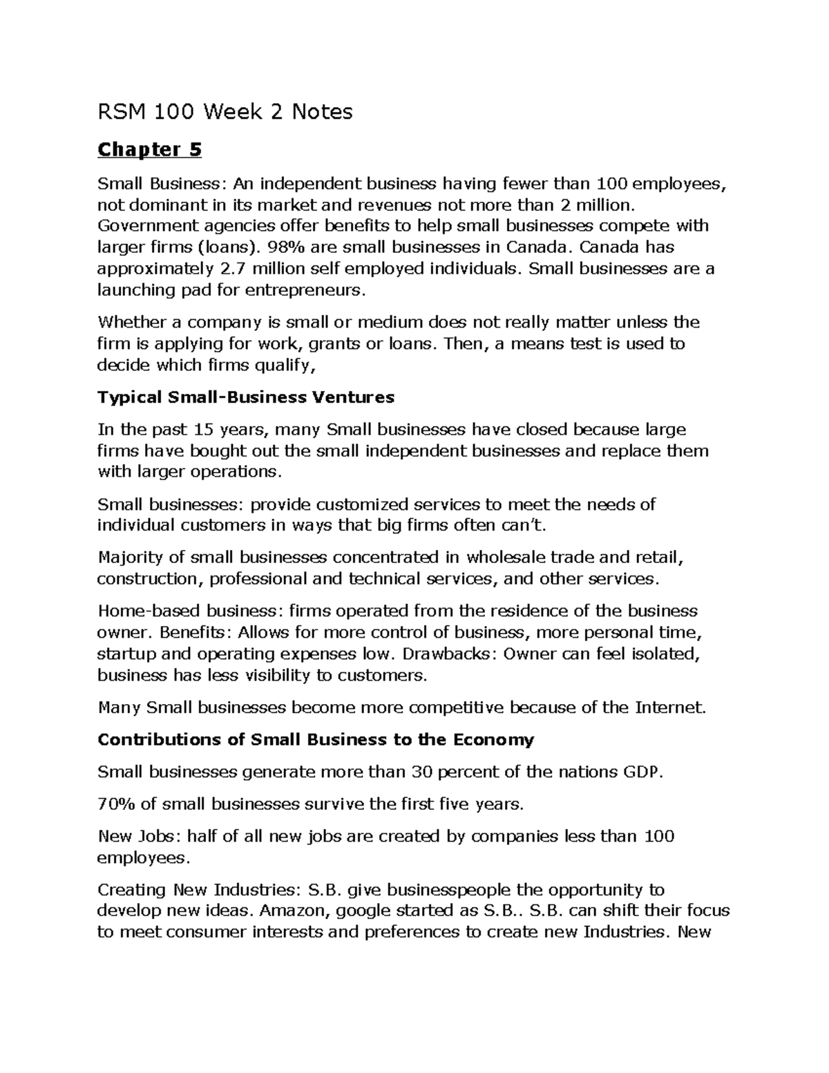 RSM 100 Chapter 5 and 6 Notes - RSM 100 Week 2 Notes Chapter 5 Small ...