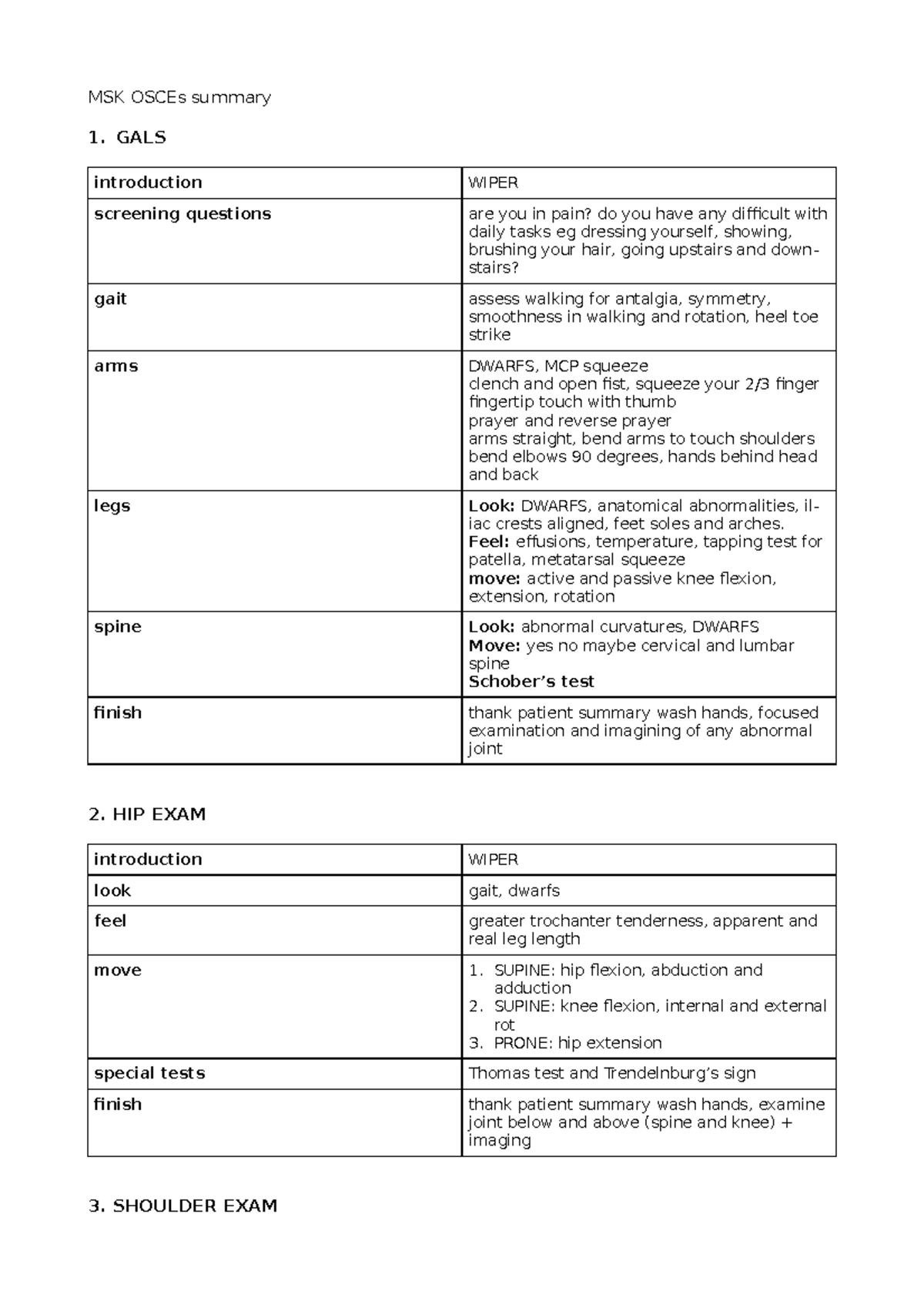 MSK block osces - MSK OSCEs summary 1. GALS introduction WIPER ...