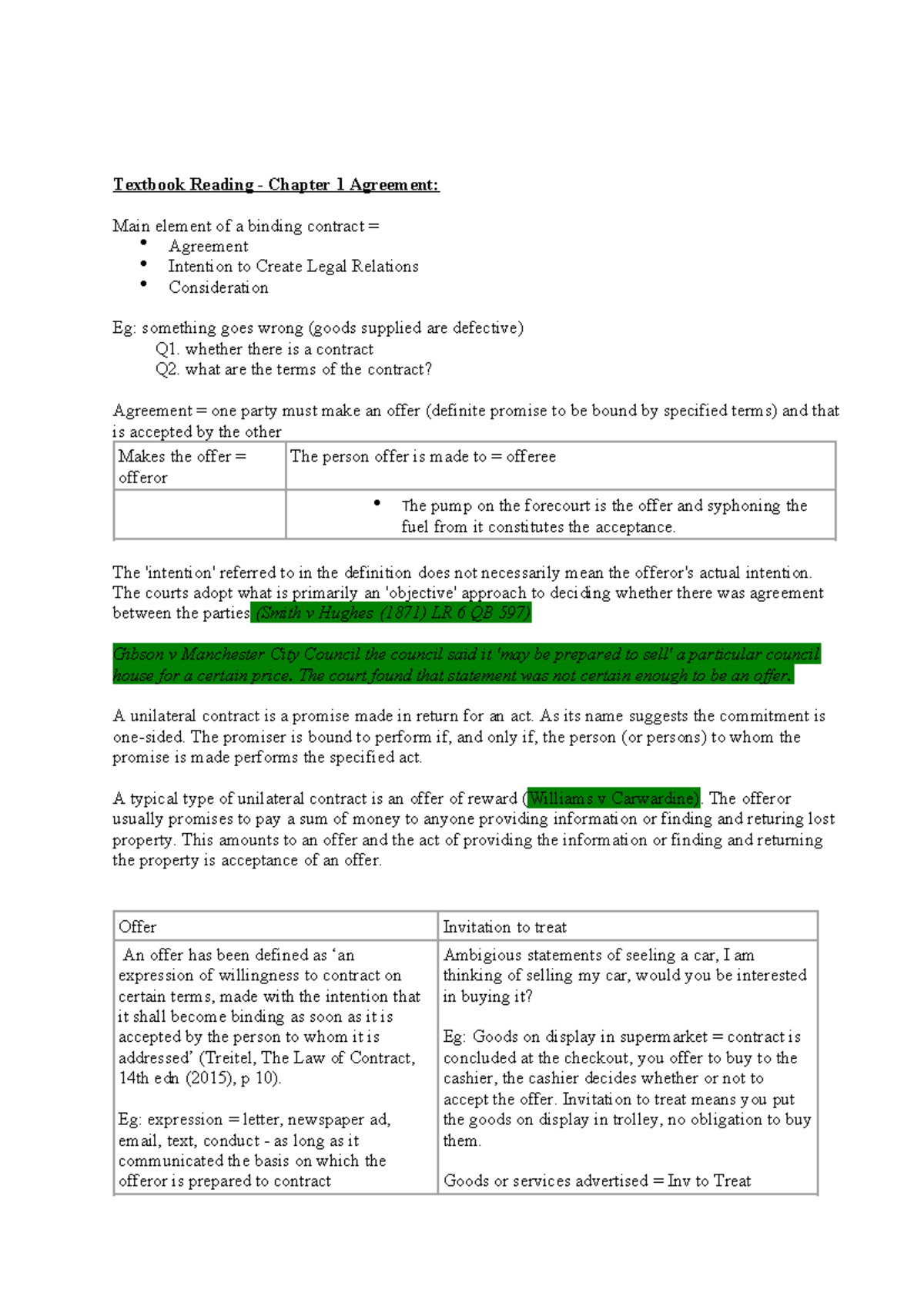 Contract Unit 1 Notes - Textbook Reading - Chapter 1 Agreement: Main ...
