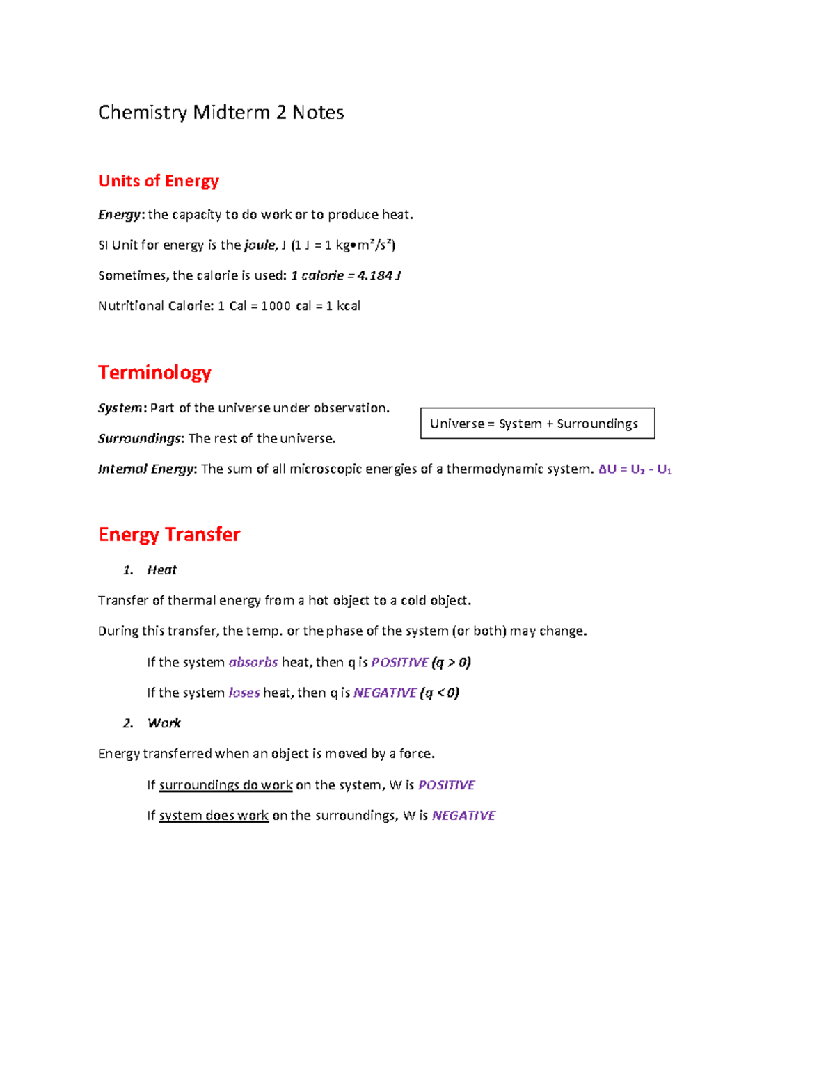 Chemistry Midterm 2 Notes - Chemistry Midterm 2 Notes Units of Energy ...