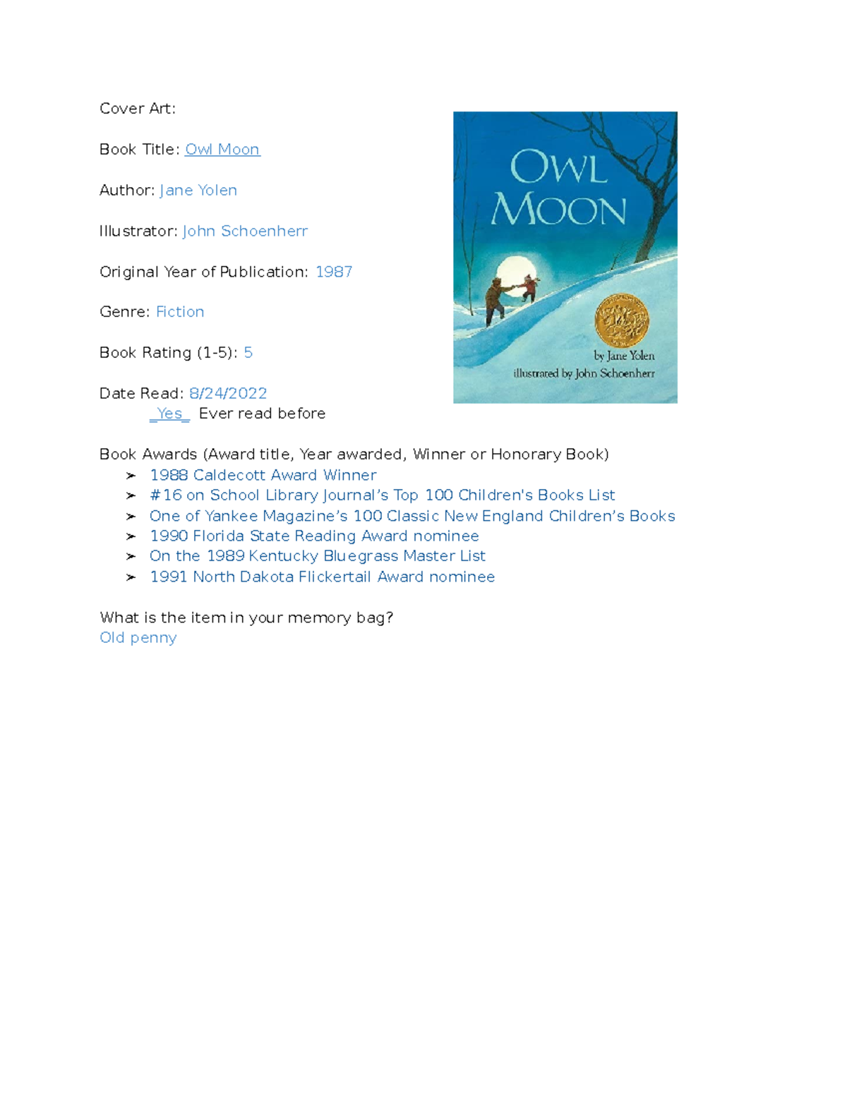 Owl Moon memory bag activity form - Cover Art: Book Title: Owl Moon Author: Jane Yolen ...