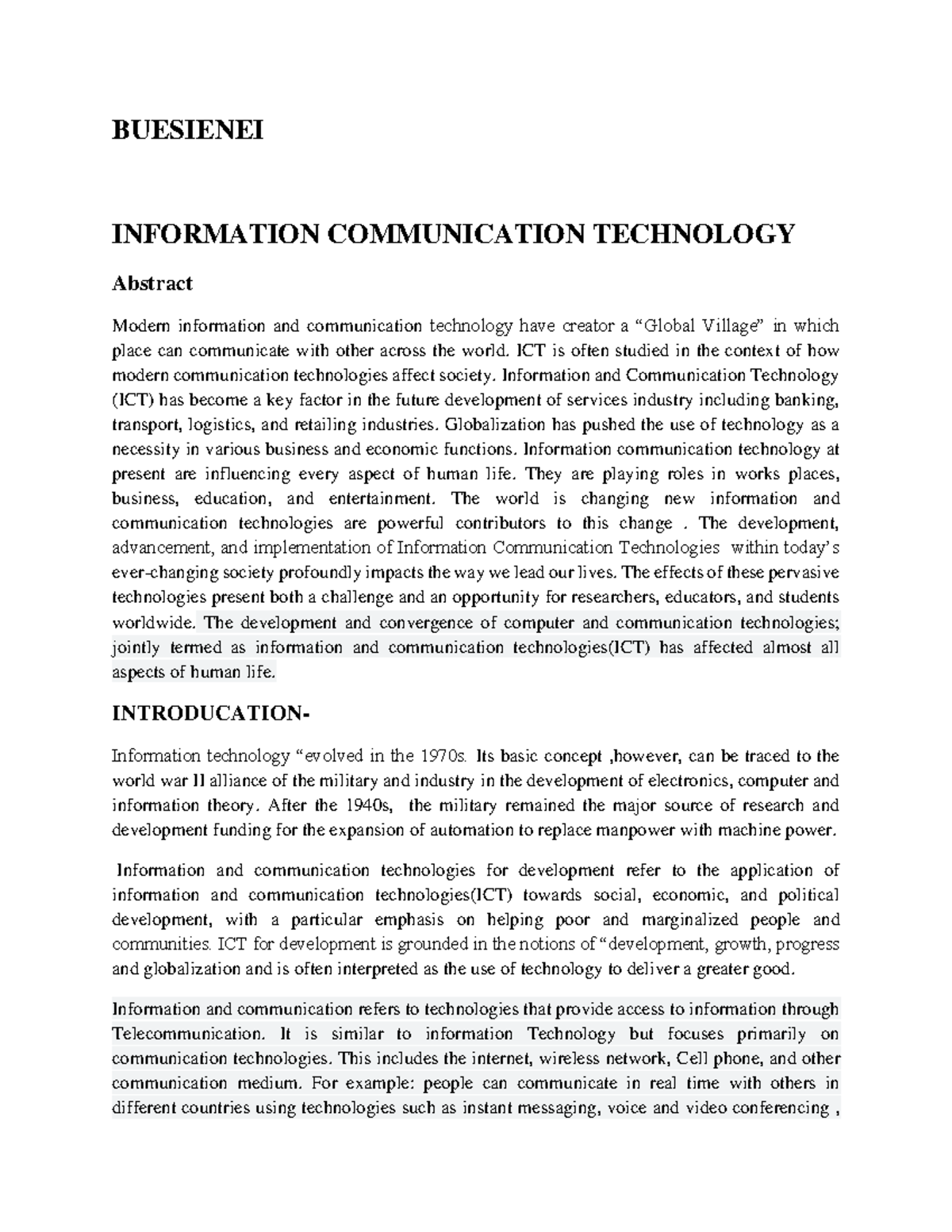 ICT - A step to achieving success. - BUESIENEI INFORMATION ...