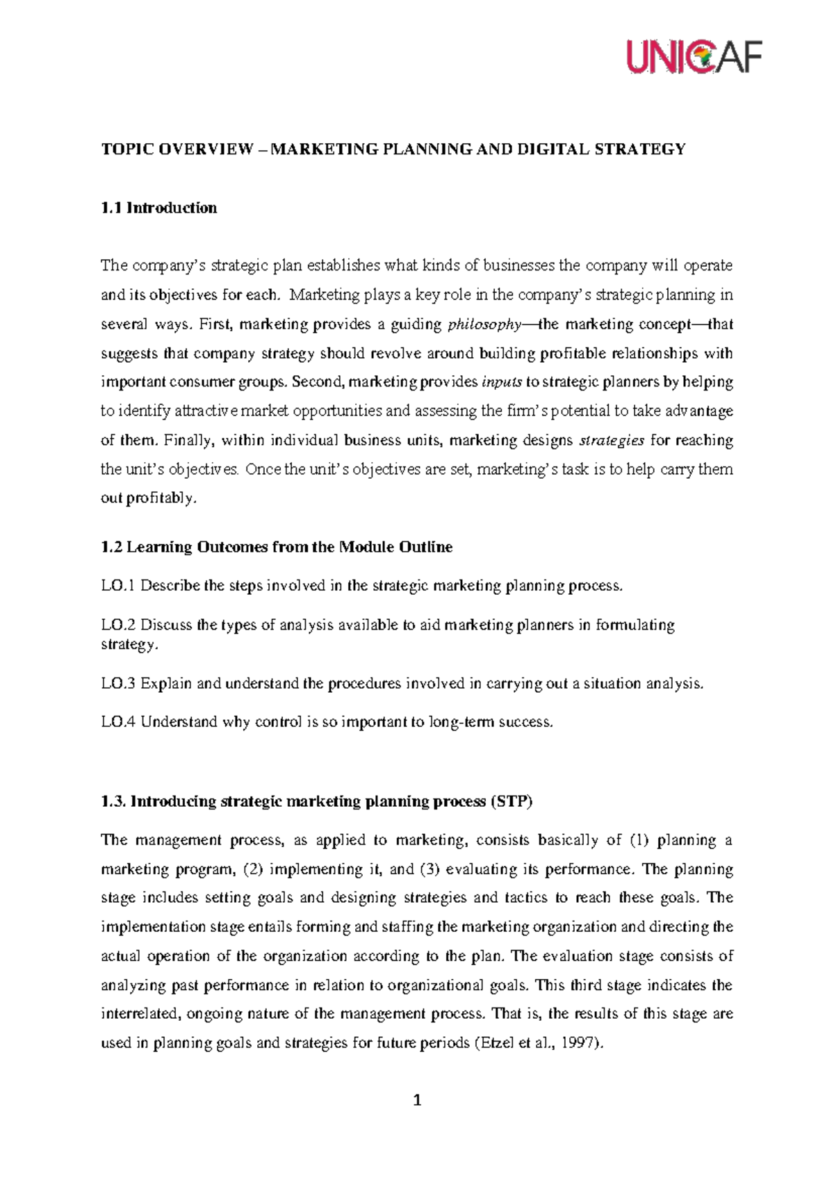 Topic Overview - Week 7.docx - TOPIC OVERVIEW – MARKETING PLANNING AND ...