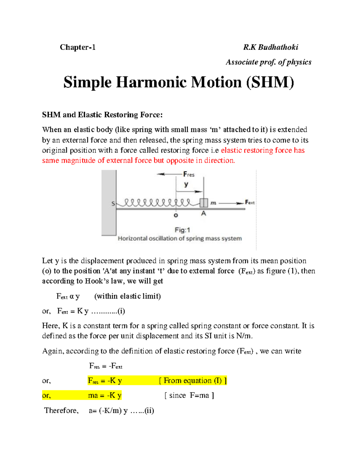 Class note of SHM (Part-1) - Chapter-1 R Budhathoki Associate prof. of ...