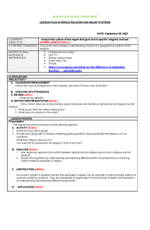 LP NOV - LESSON PLAN IN WORLD RELIGION - SENIOR HIGH SCHOOL DEPARTMENT ...