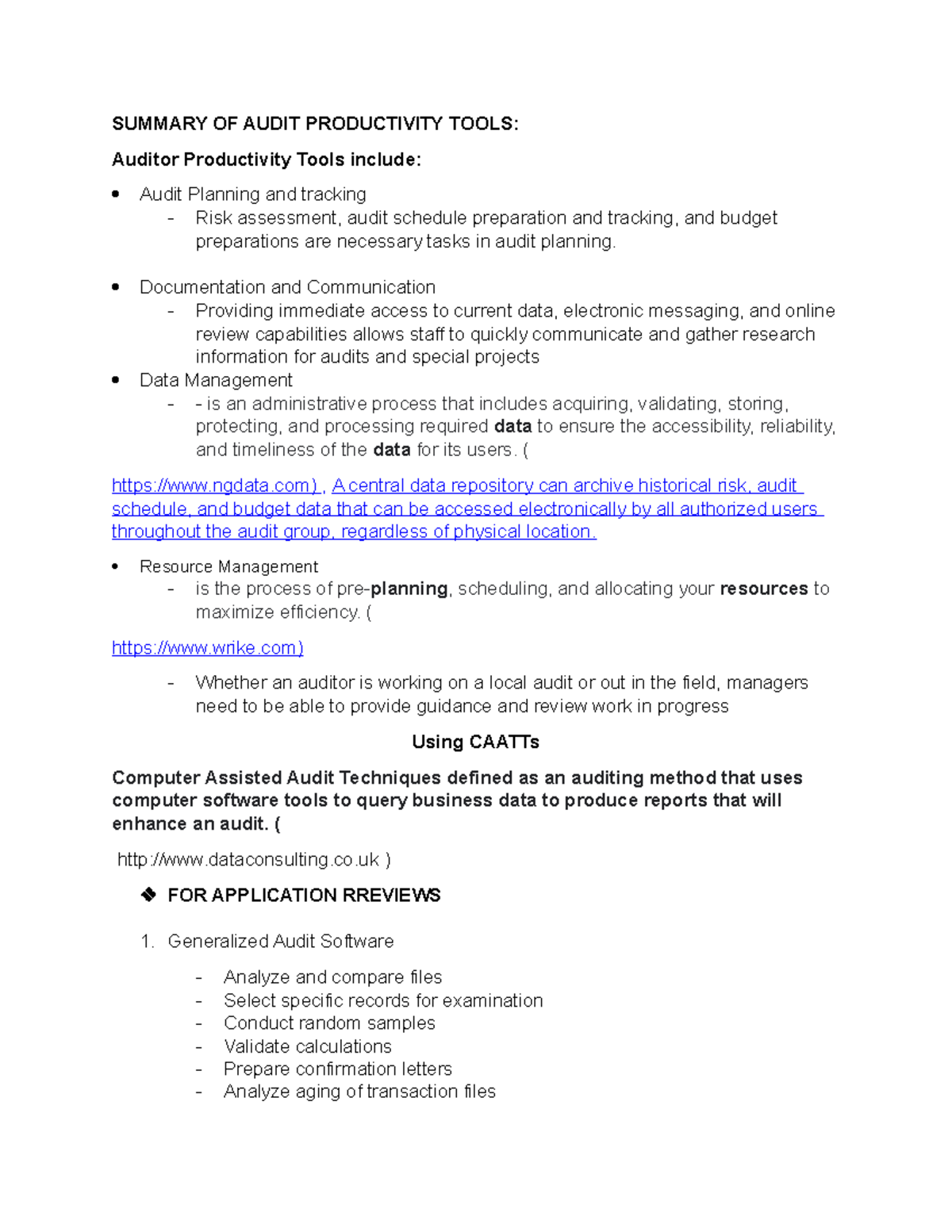 Summary OF Audit Productivity Tools - SUMMARY OF AUDIT PRODUCTIVITY ...