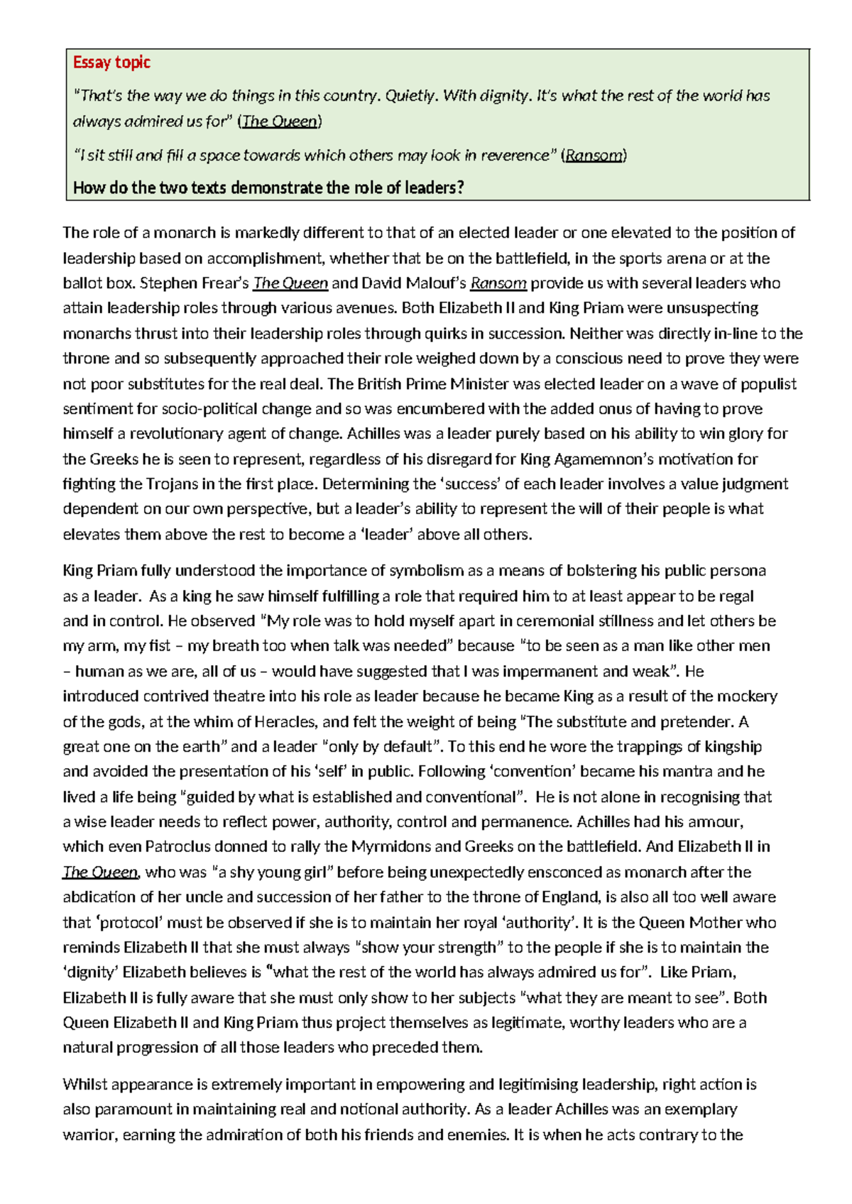 1. How do the two texts demonstrate the role of leaders - Essay topic ...