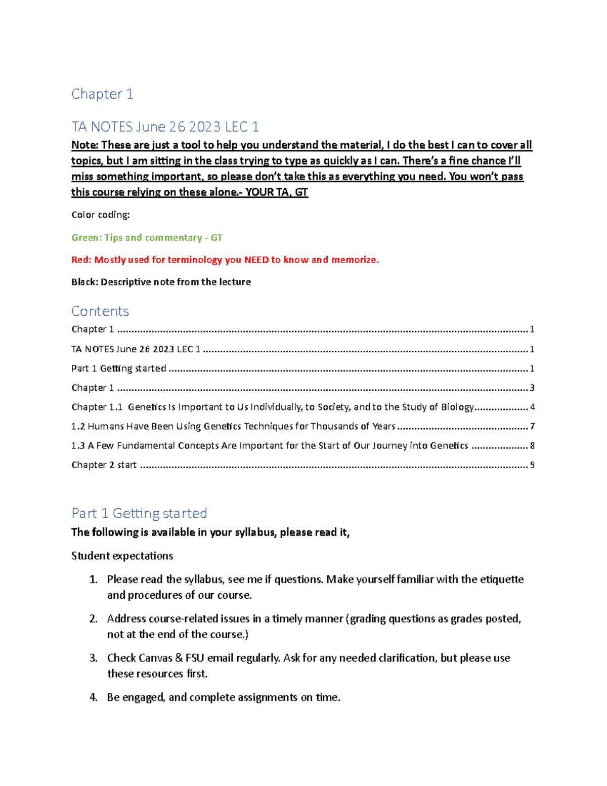 TA Notes June 26 Lec 1 - genetics - Chapter 1 TA NOTES June 26 2023 LEC ...