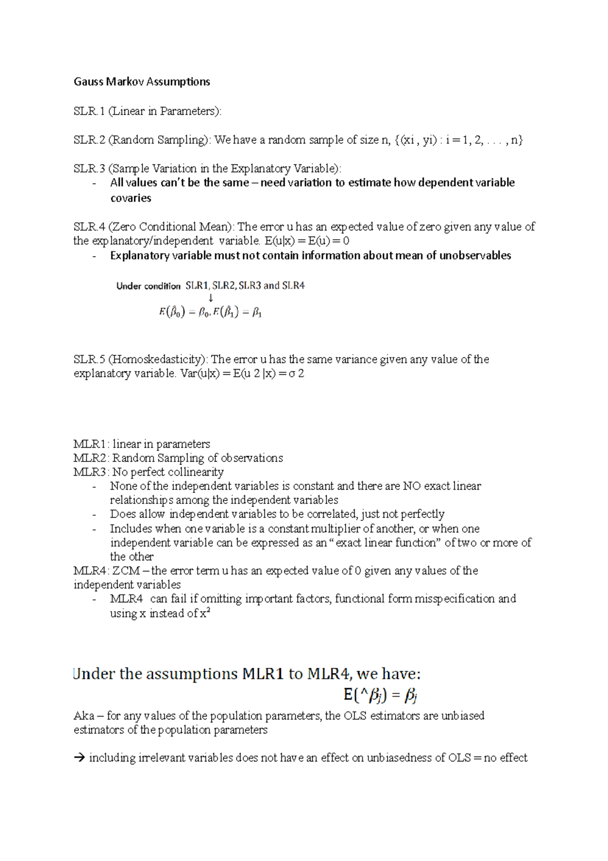 Cheat sheet - mid sessiion - Gauss Markov Assumptions SLR (Linear in ...