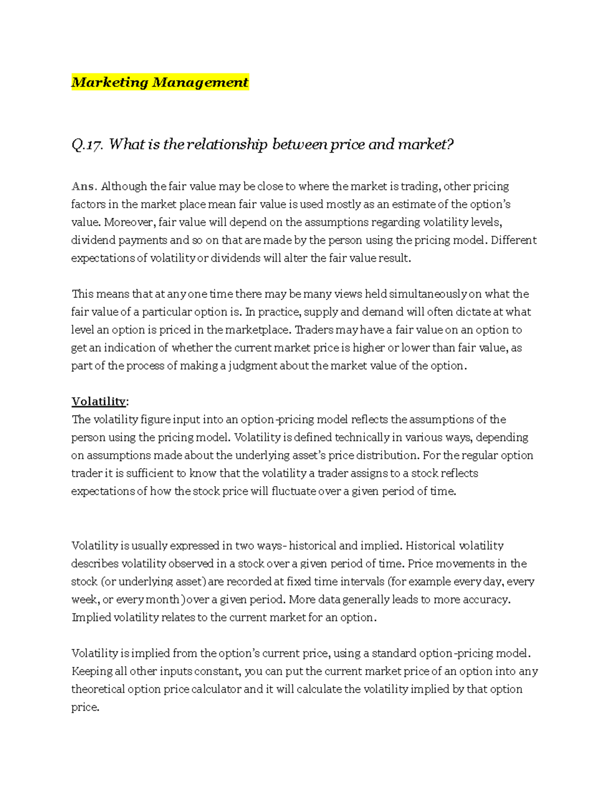 Marketing management part 6 - Marketing Management Q. What is the ...