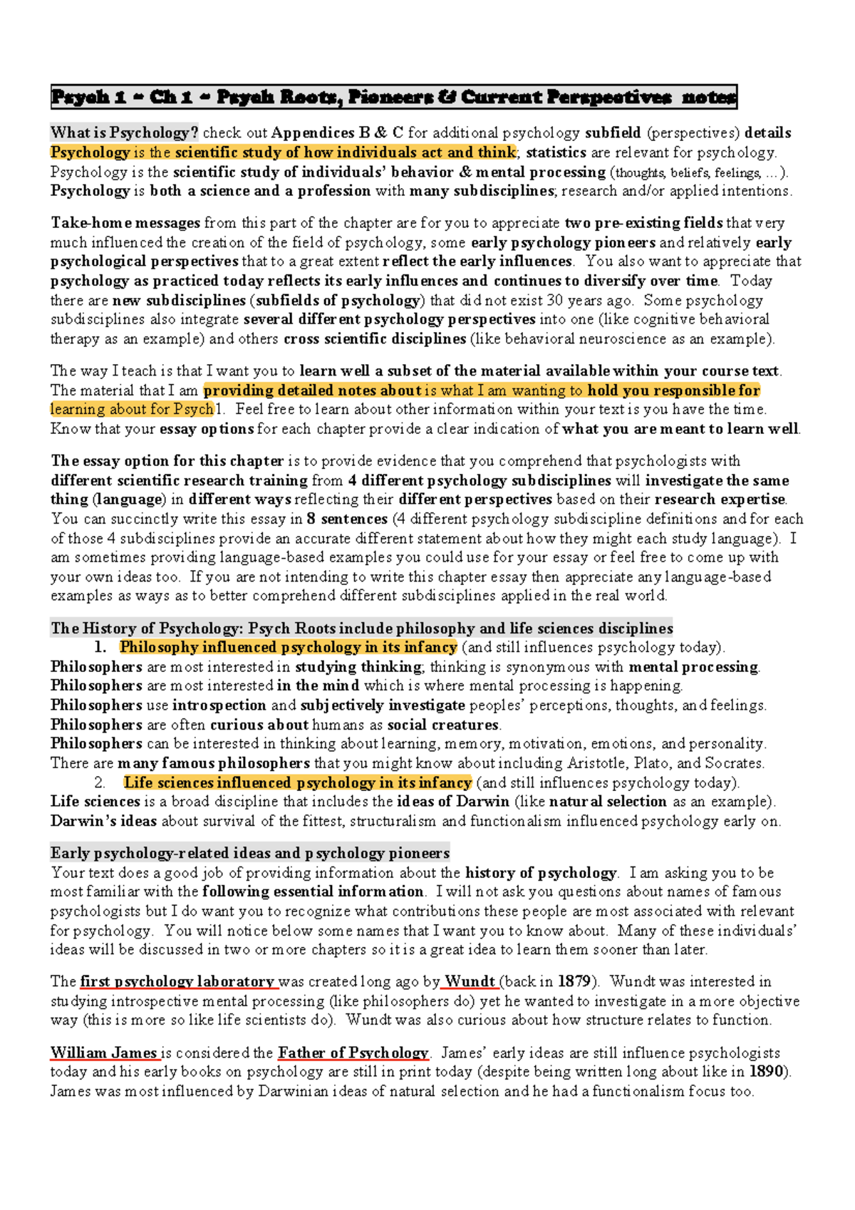 Final EXAM Psych - study guide - Psych 1 ~ Ch 1 ~ Psych Roots, Pioneers & Current Perspectives ...