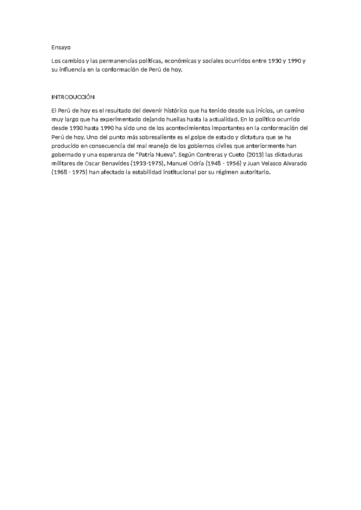 Ensayo - Ensayo Los cambios y las permanencias políticas, económicas y sociales ocurridos entre ...