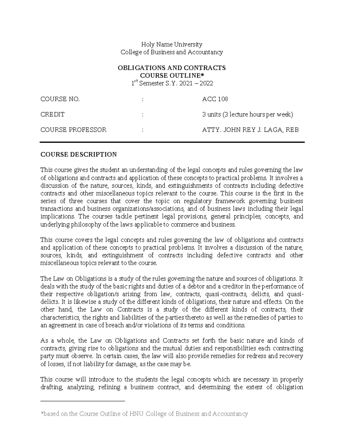 Course Syllabus Oblicon ACC 108, notes for all ...