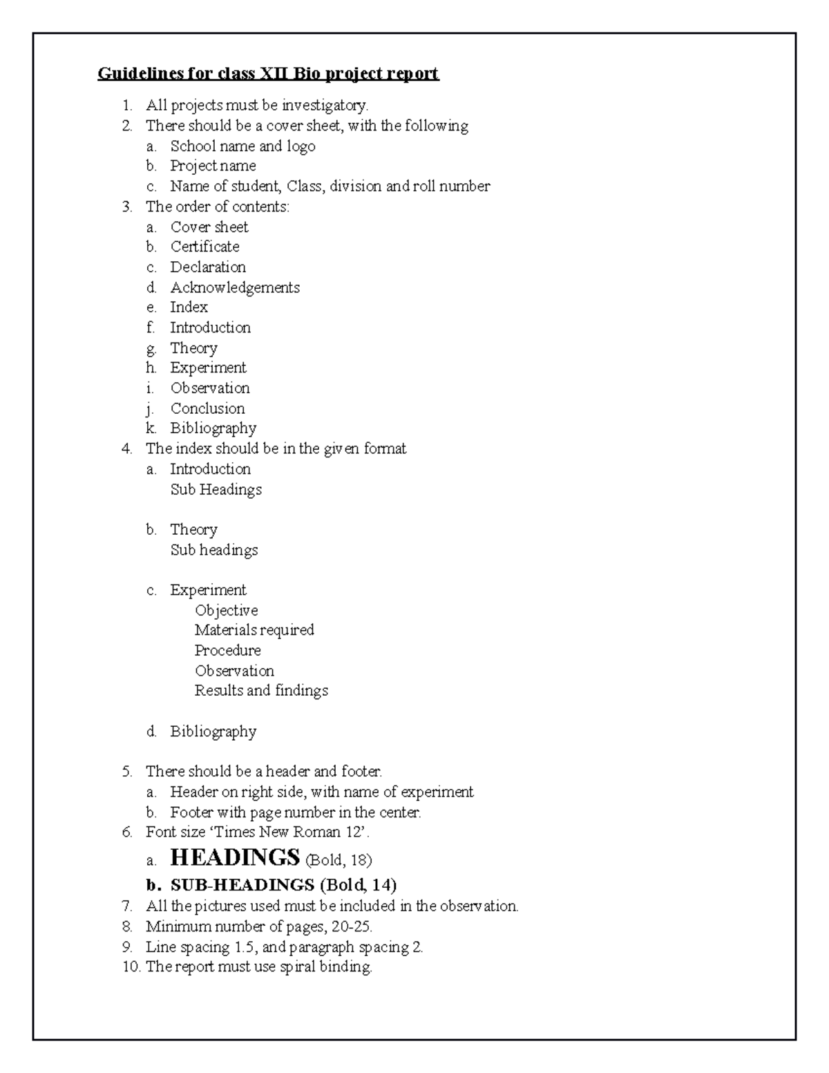 Guidelines for class XII Bio project report - There should be a cover ...