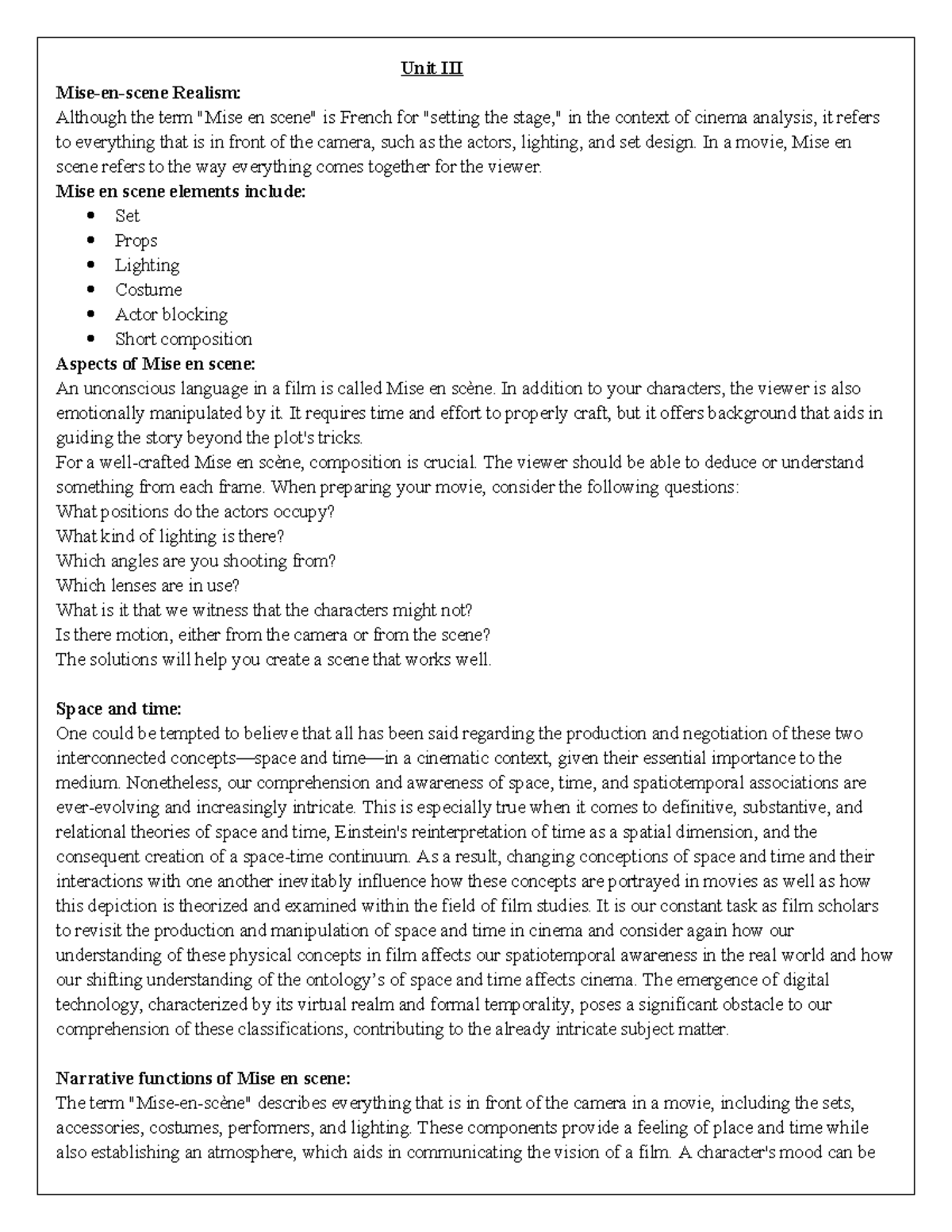 Viscom UNIT 3 - Unit III Mise-en-scene Realism: Although the term "Mise ...