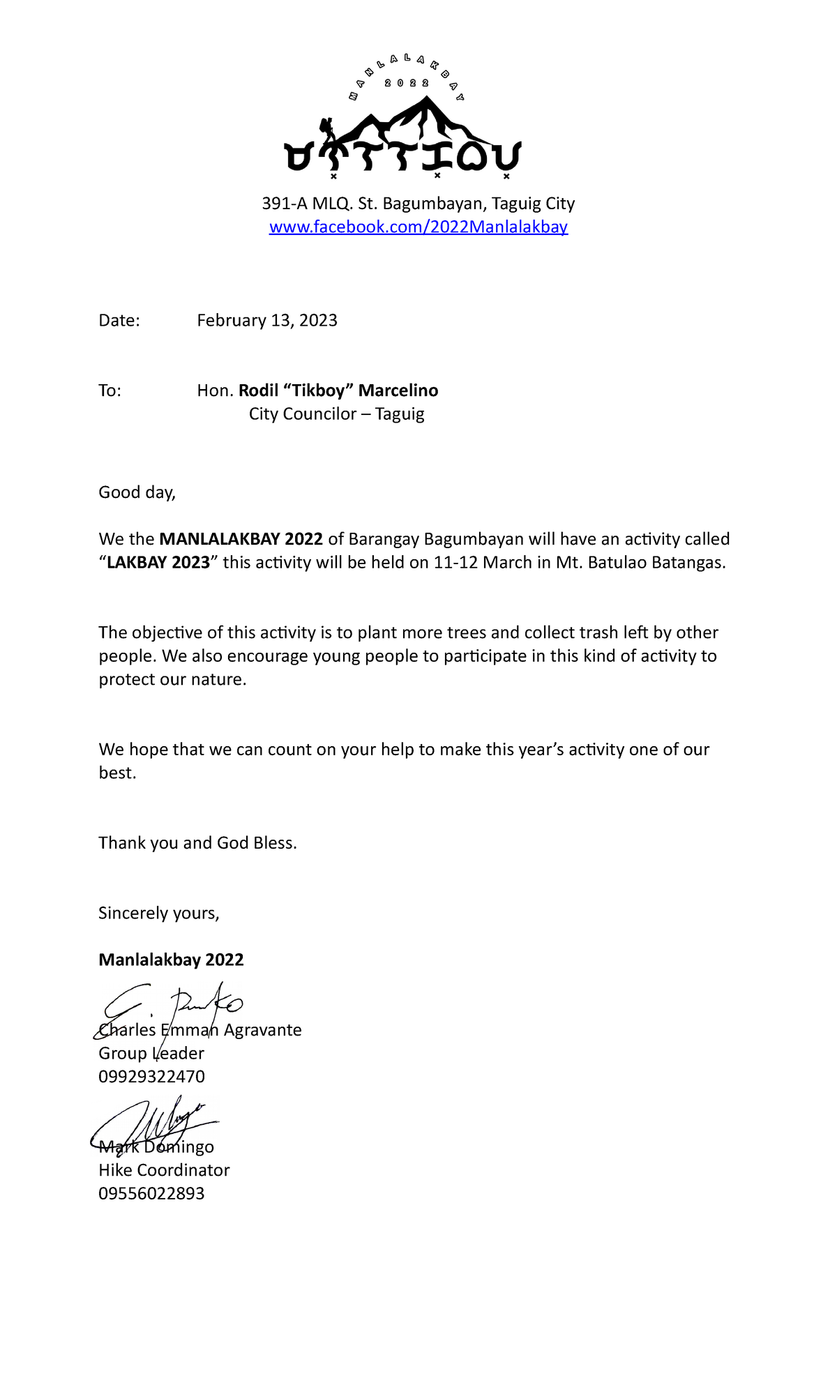 Manlalakbay solicitation letter - 391-A MLQ. St. Bagumbayan, Taguig ...