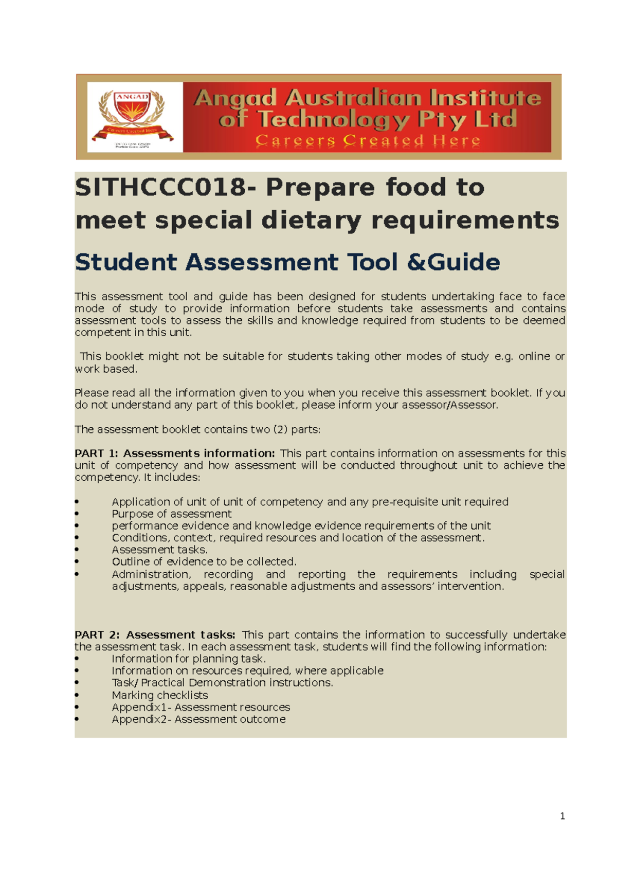 Sithccc 018 Student Guide Angad Dietary requirement (1) - SITHCCC018 ...