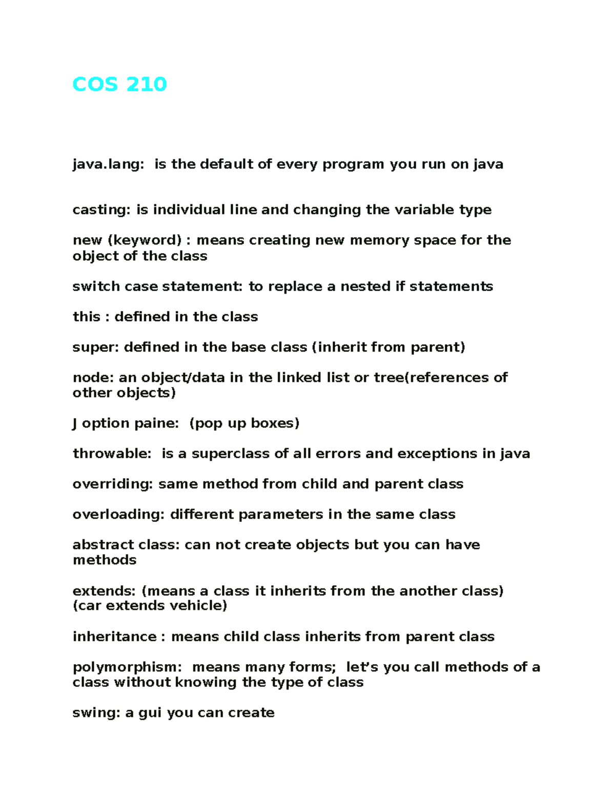 COS210notes - These notes are from COS 210. - COS 210 java: is the ...