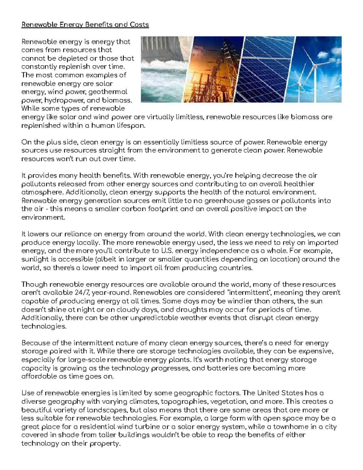 Costs and Benefits of Renewable and Nonrenewable Energies Article ...