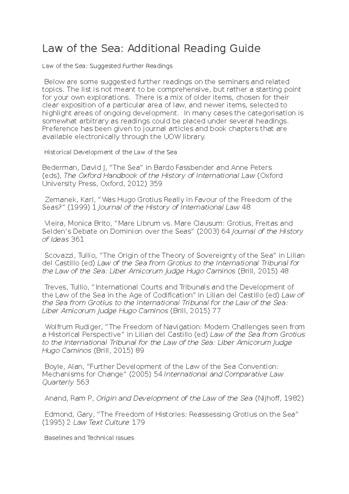 Additional Reading Guide - The list is not meant to be comprehensive ...