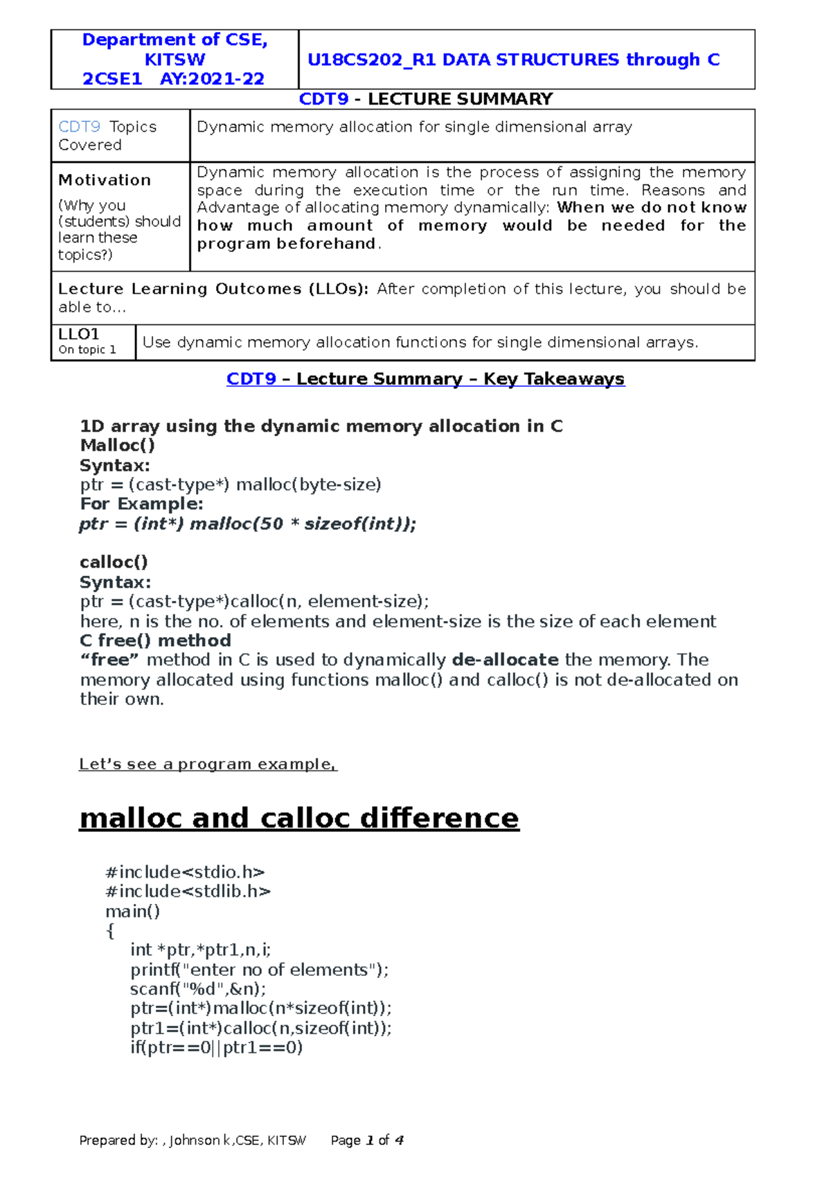 Ds 9 Summary Notes For Ds Kitsw 2cse1 Ay2021 U18cs202r1 Data Structures Through C Cdt9