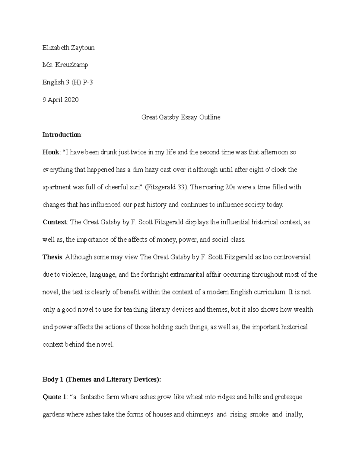 Great Gatsby Outline - HW ASSIGNMENT - Elizabeth Zaytoun Ms. Kreuzkamp ...