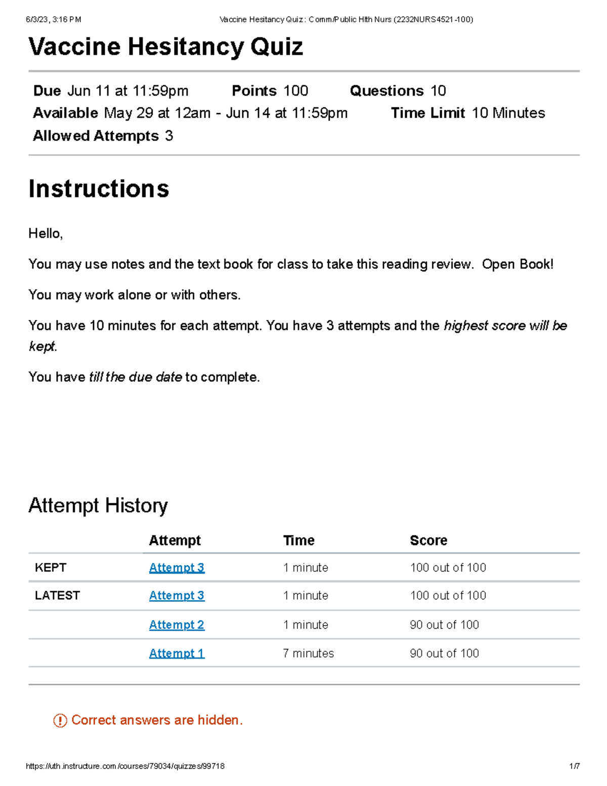 Vaccine Hesitancy Quiz - Hello, You may use notes and the text book for ...