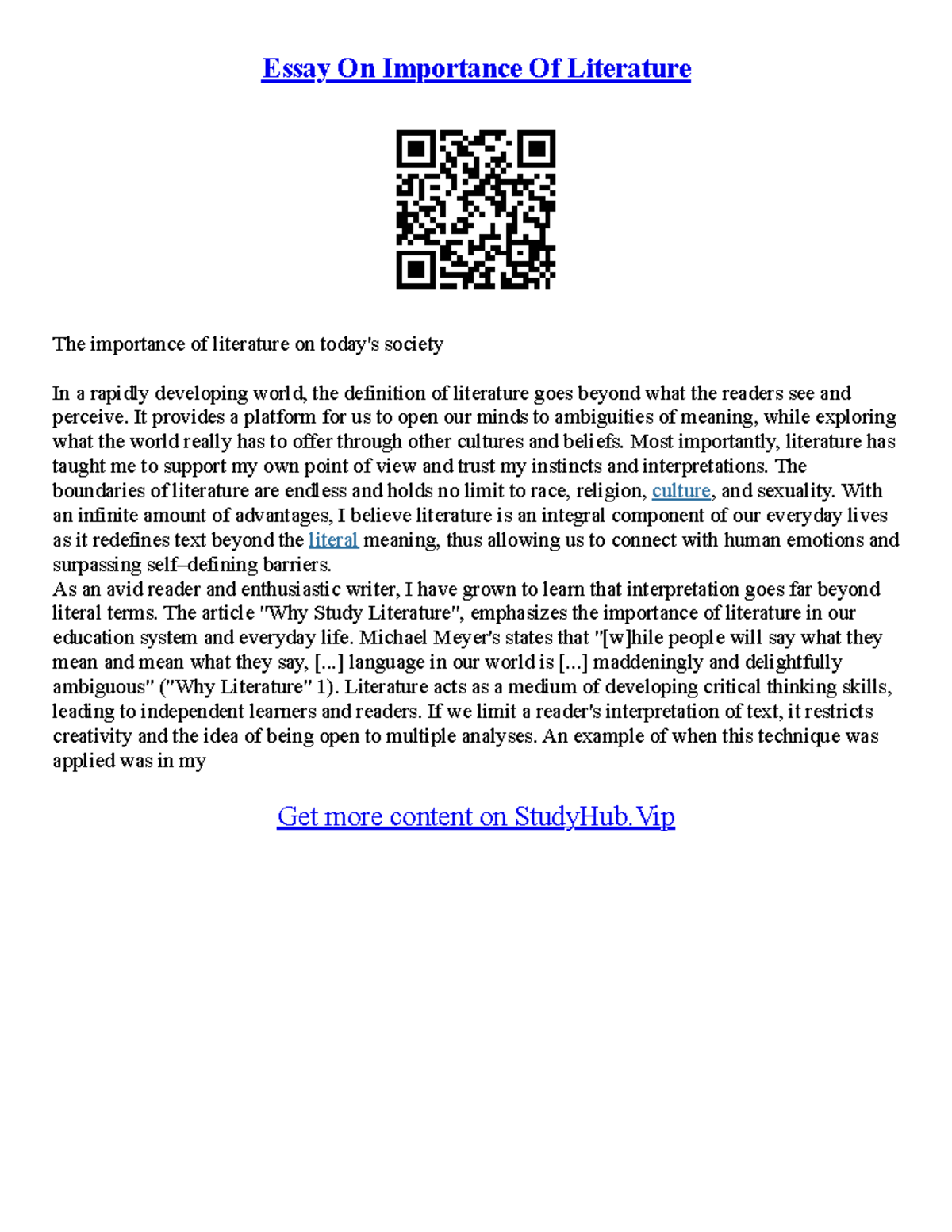 Example Of Literature Essay - Essay On Importance Of Literature The ...