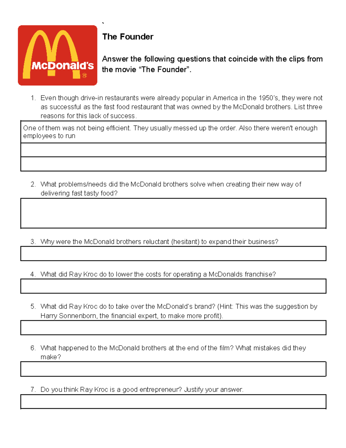Copy of The Founder - idk - ` The Founder Answer the following ...