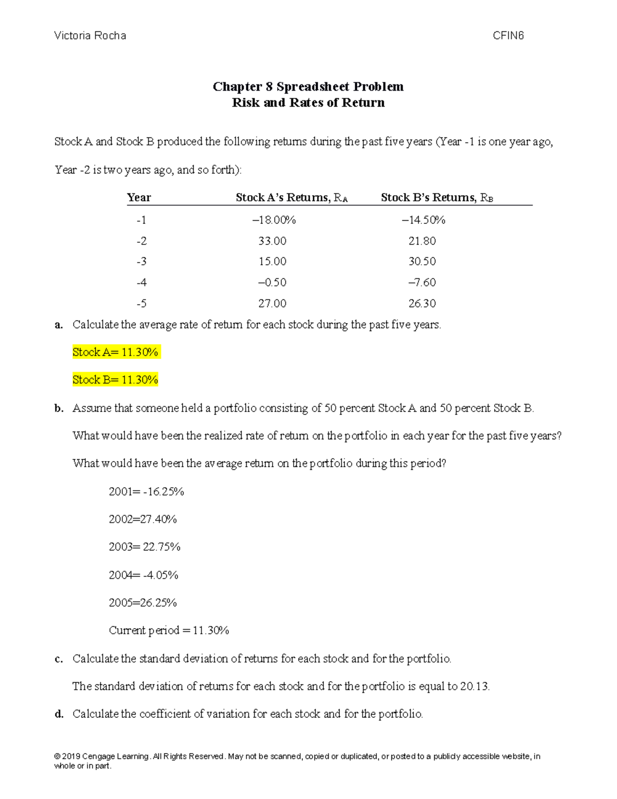 CFIN5 Spreadsheet Problem Ch08 - Victoria Rocha CFIN Chapter 8 Spreadsheet Problem Risk and ...