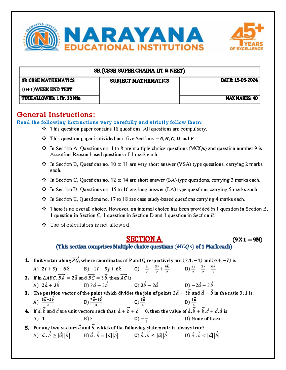 SR CBSE Super Chaina IIT & NEET Maths Board EXAM QP - General ...