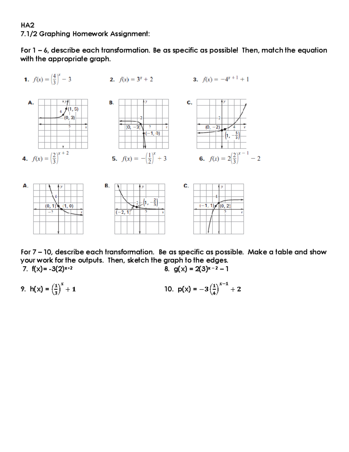 7.1 homework set - HA 7/2 Graphing Homework Assignment: For 1 – 6 ...