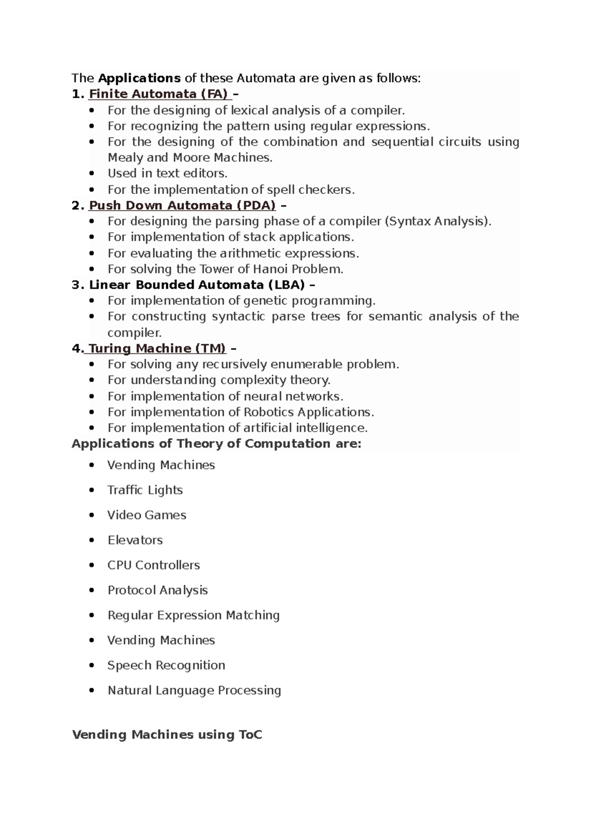 Applications Of Toc The Applications Of These Automata Are Given As Follows Finite Automata