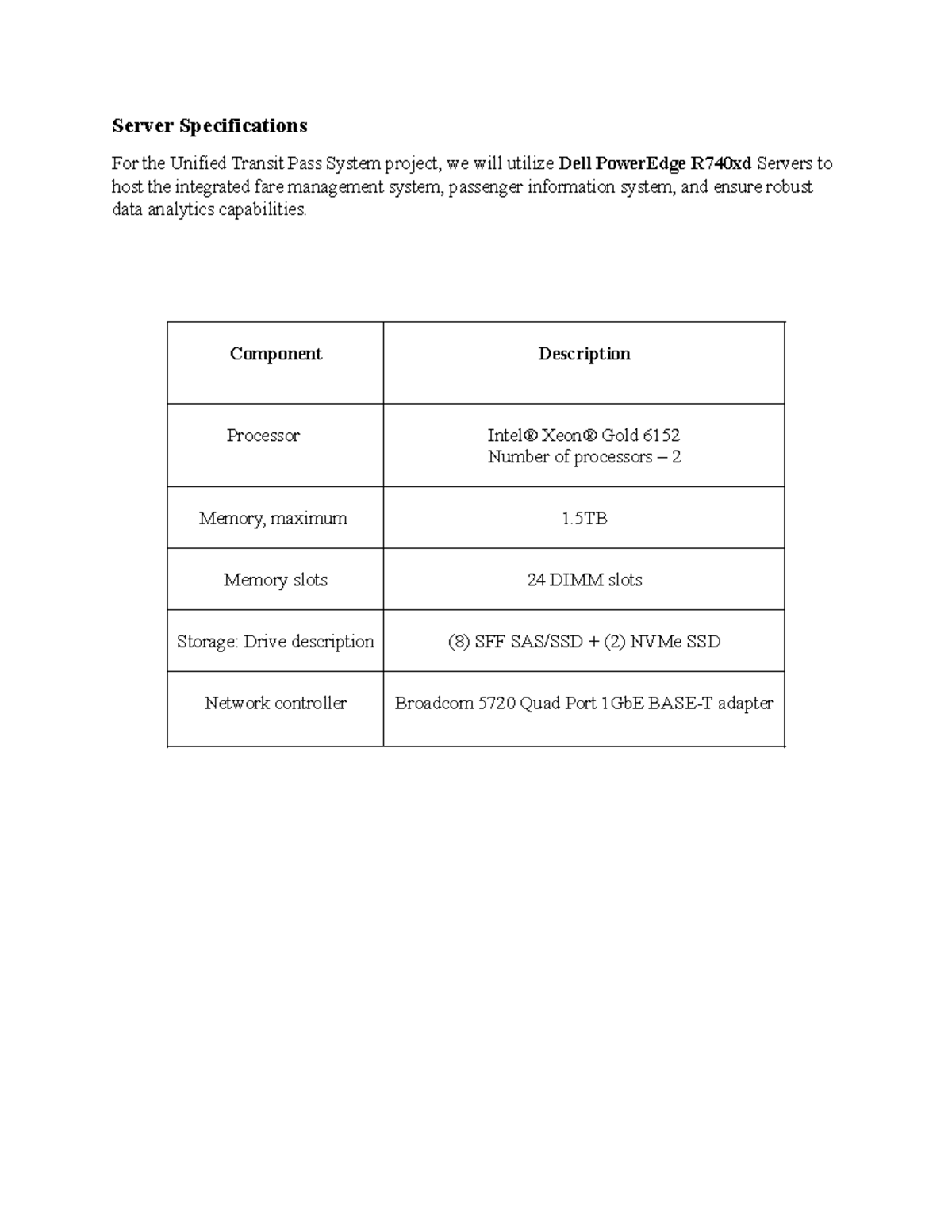 Server Specifications - Component Description Processor Intel® Xeon ...