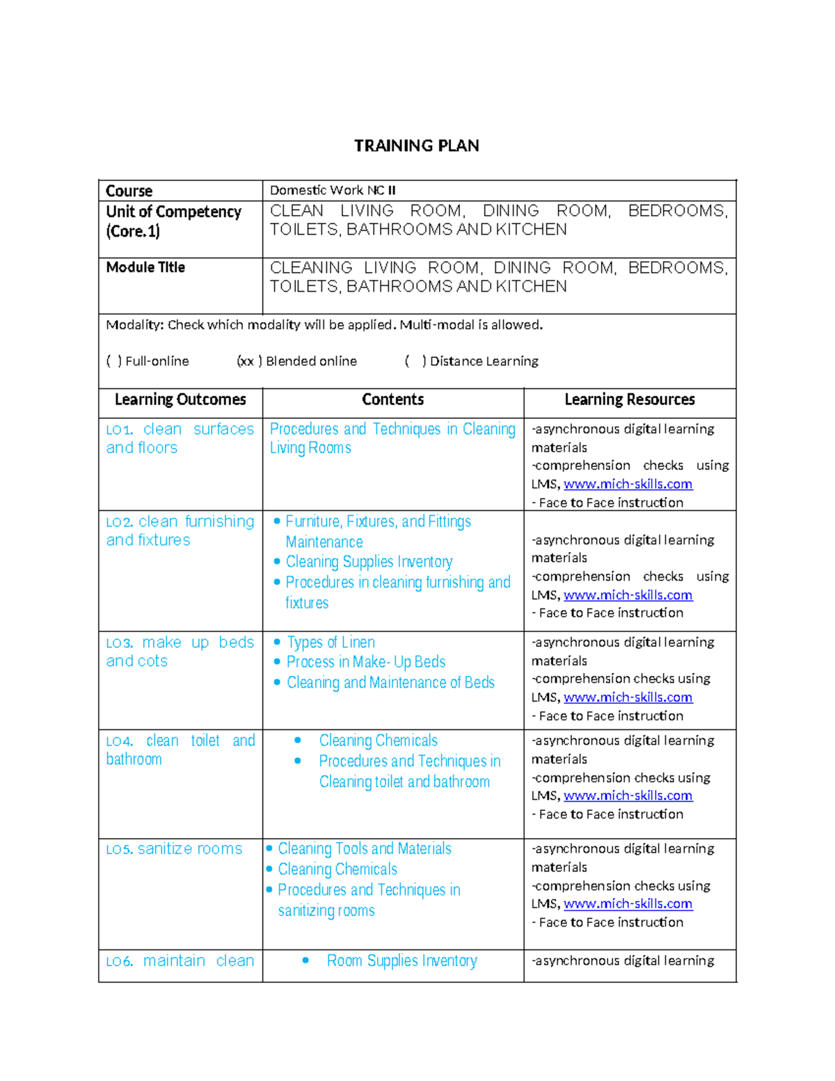 Core - TRAINING PLAN Course Domestic Work NC II Unit of Competency ...