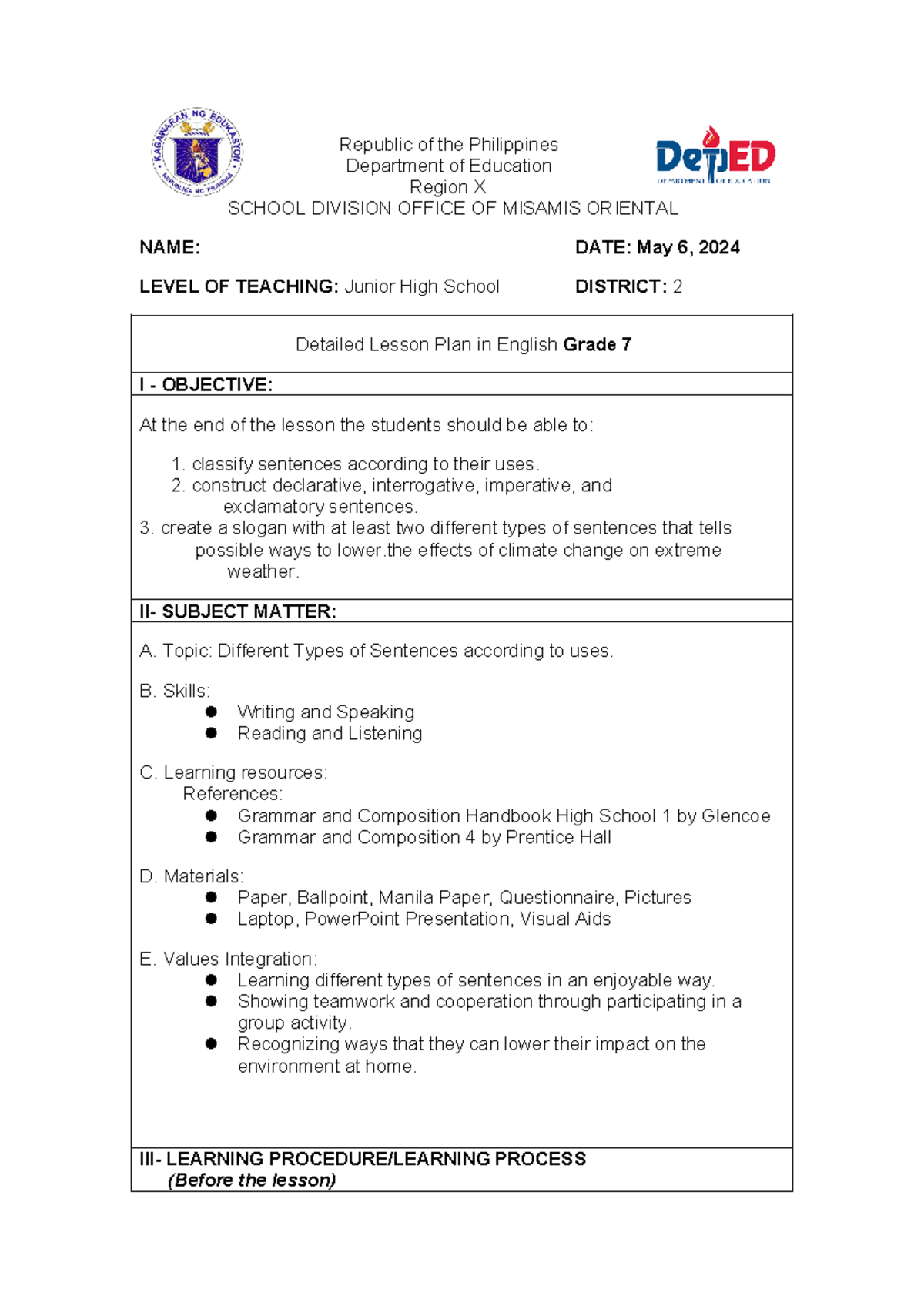 Detailed Lesson Plan in Grade 7 - Republic of the Philippines ...