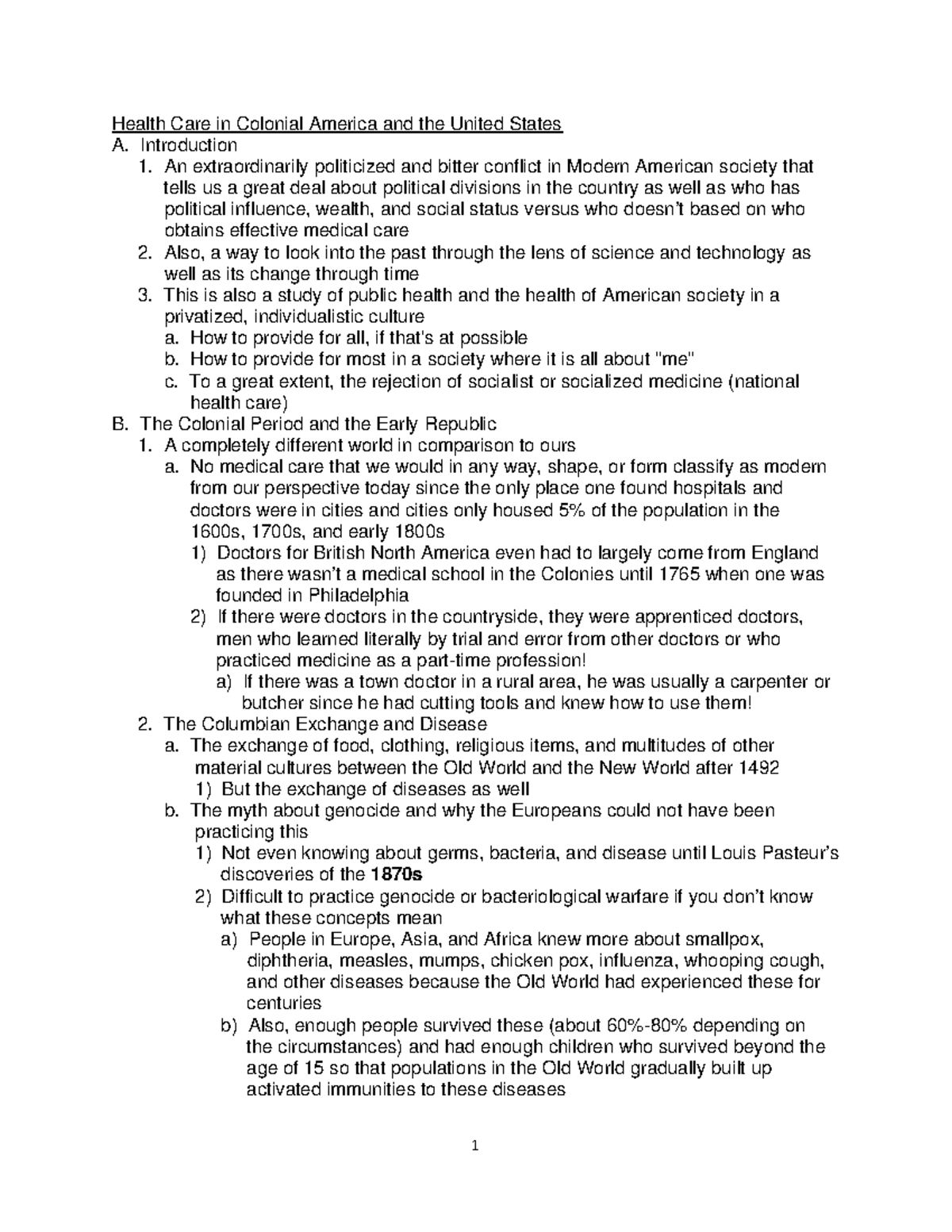 1-Health Care - History lecture notes - Health Care in Colonial America ...