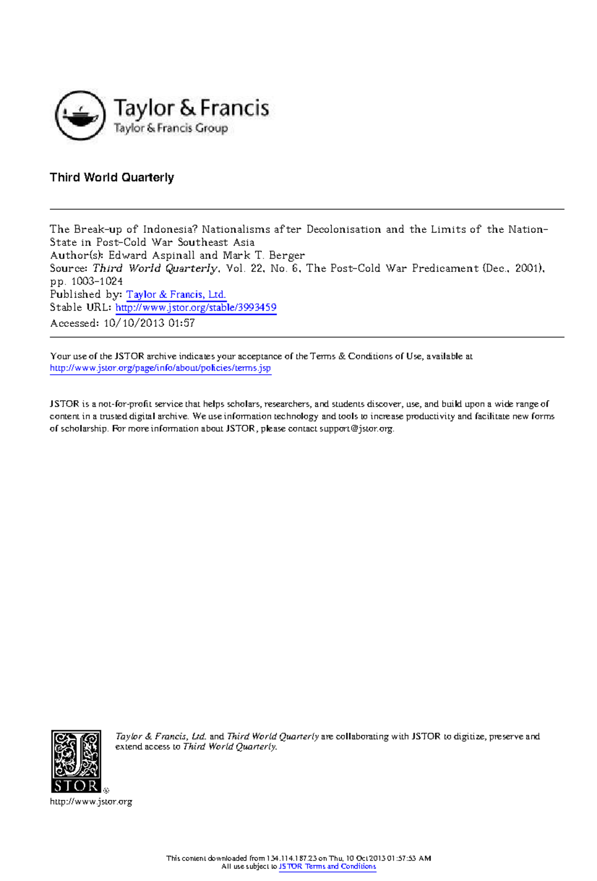 Nationalism after decolonialism - Third World Quarterly The Break-up of ...