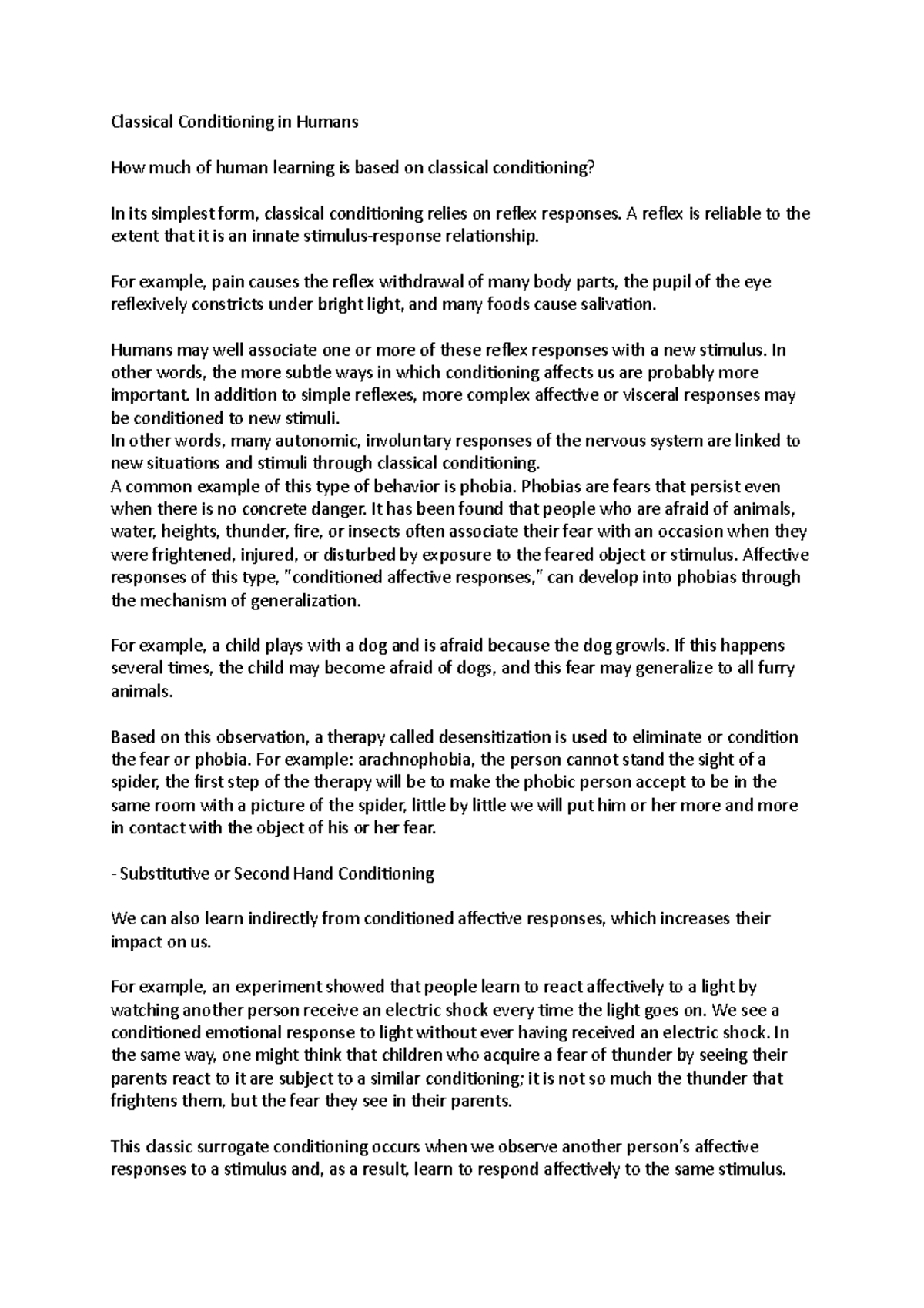 Classical Conditioning in Humans - A reflex is reliable to the extent ...