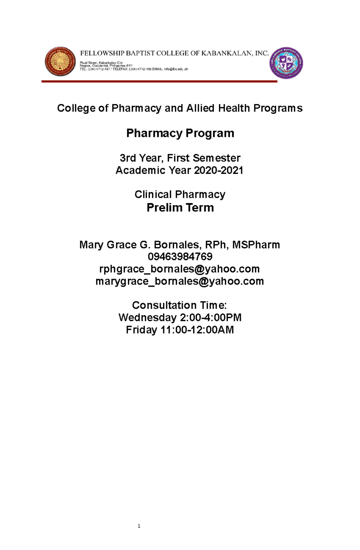 Clinical Pharmacy 1 Prelim - College of Pharmacy and Allied Health ...