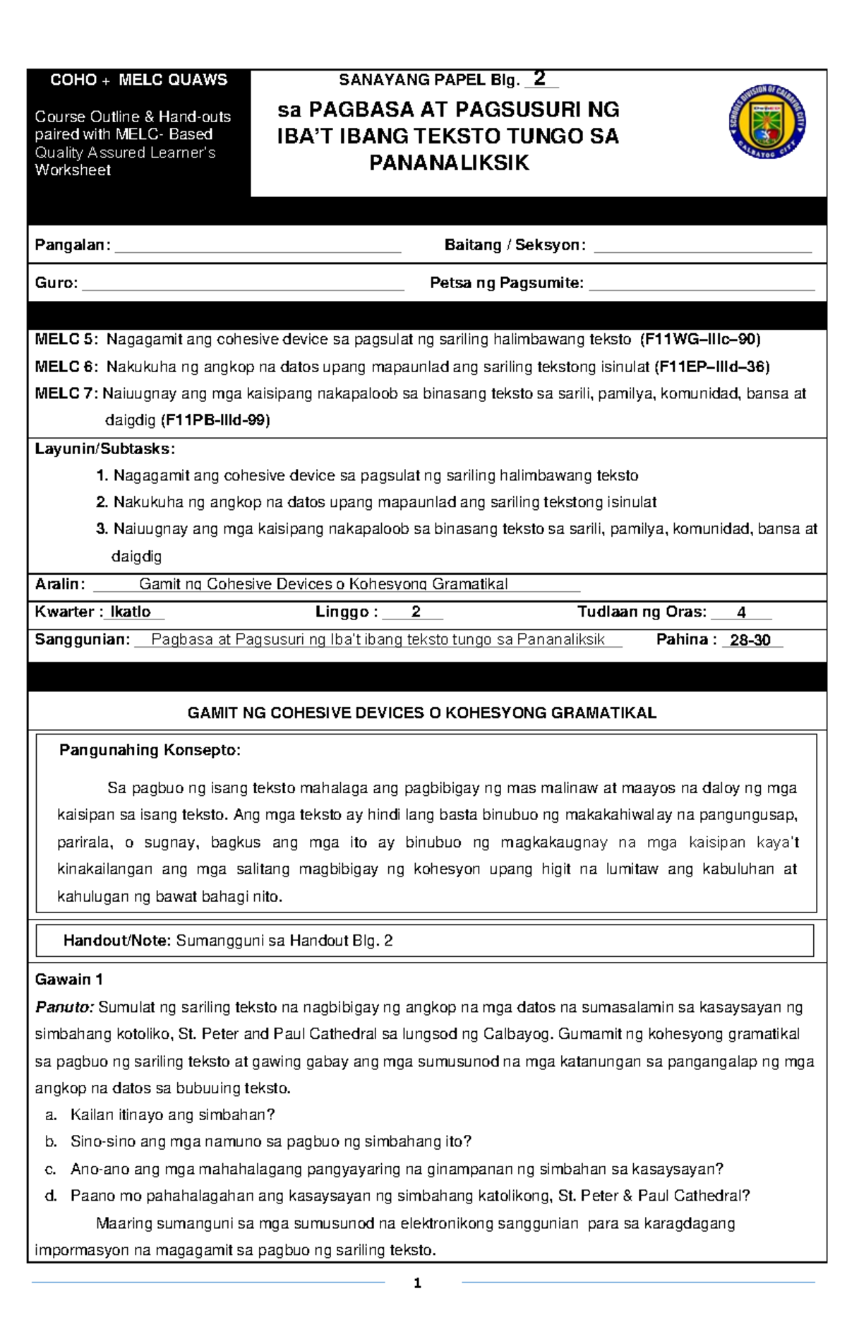 Pagbasa Worksheet w2 - COHO + MELC QUAWS SANAYANG PAPEL Blg ...