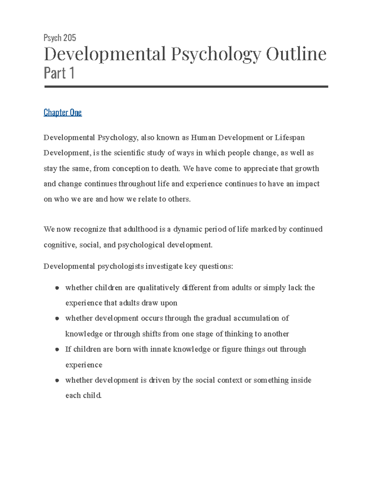 Developmental Psychology Chapter Outline 1 - Psych 205 Developmental ...