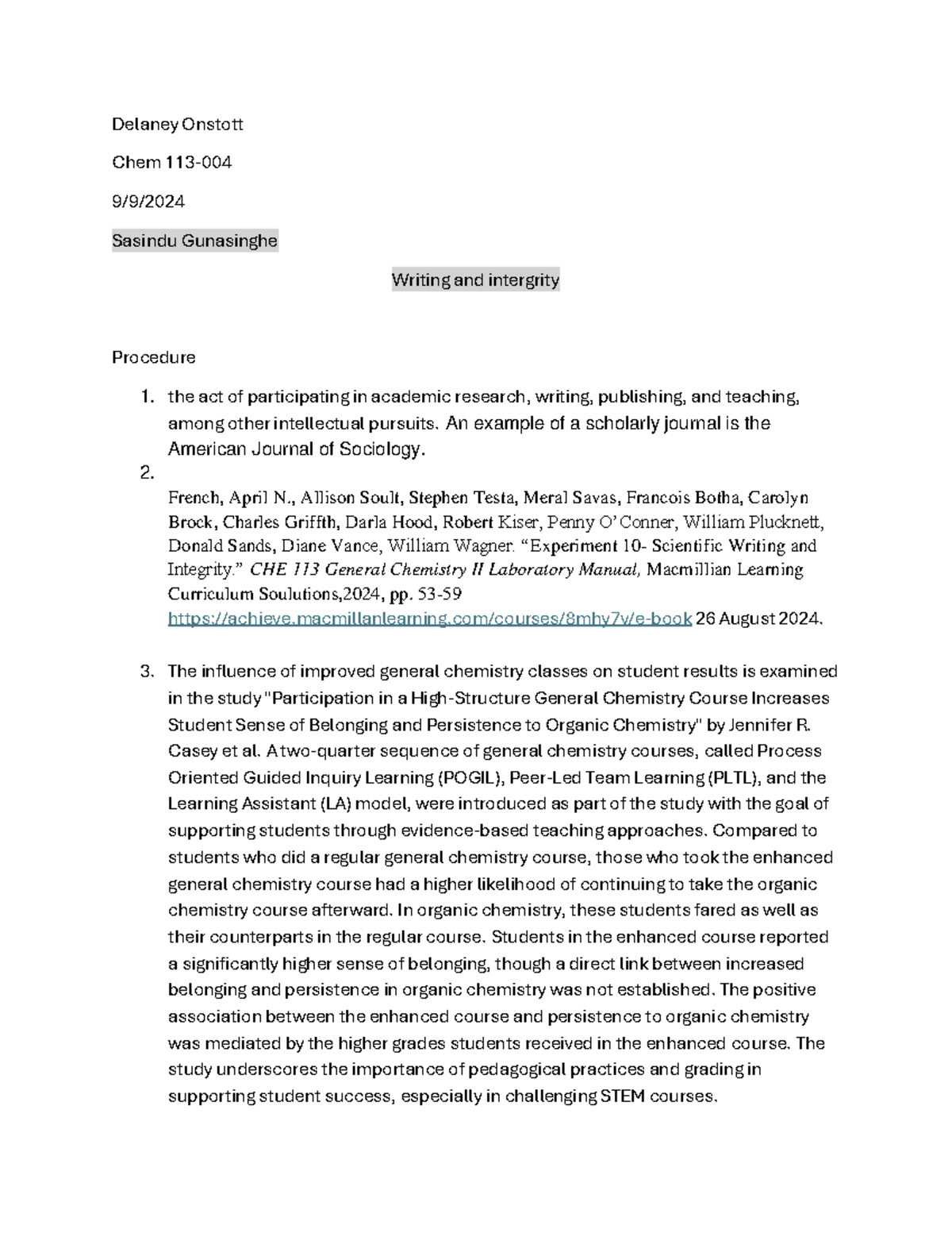 Exp 10 onstott - lab report - Delaney Onstott Chem 113- 004 9/9 ...