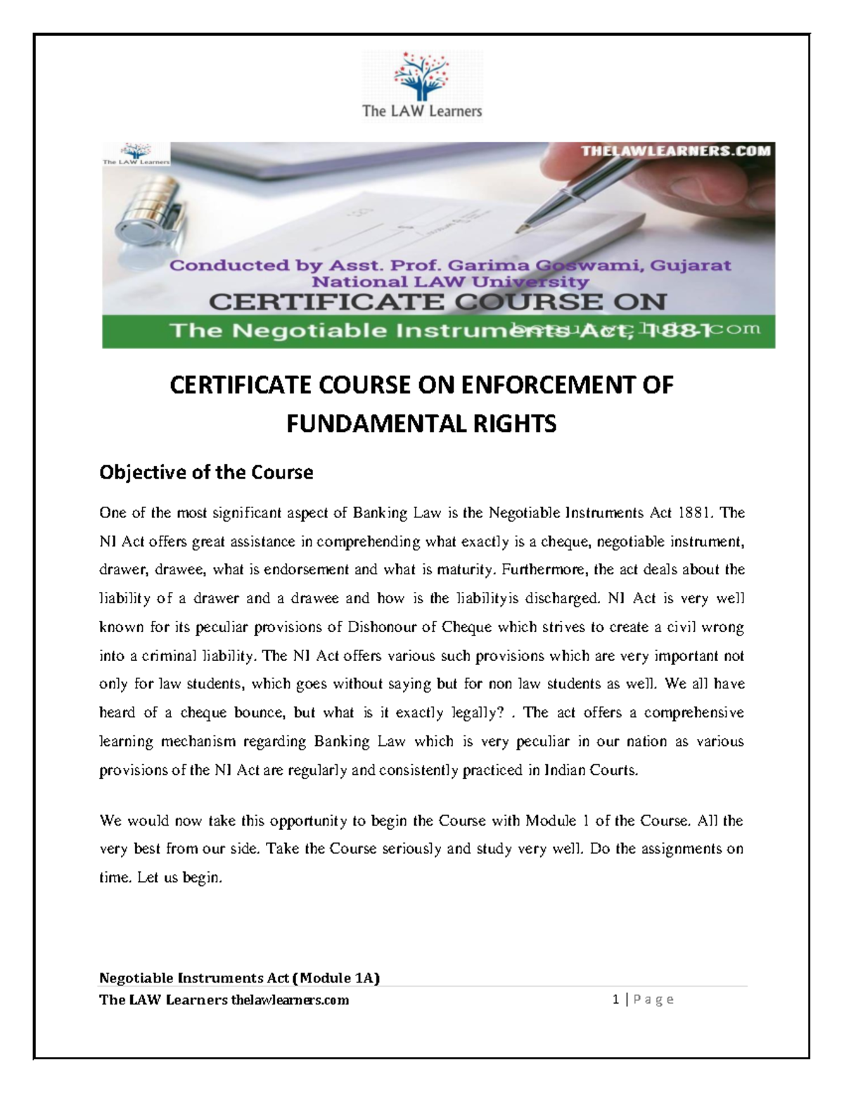 Module 1[A] - NI Act - ####### Negotiable Instruments Act (Module 1A ...