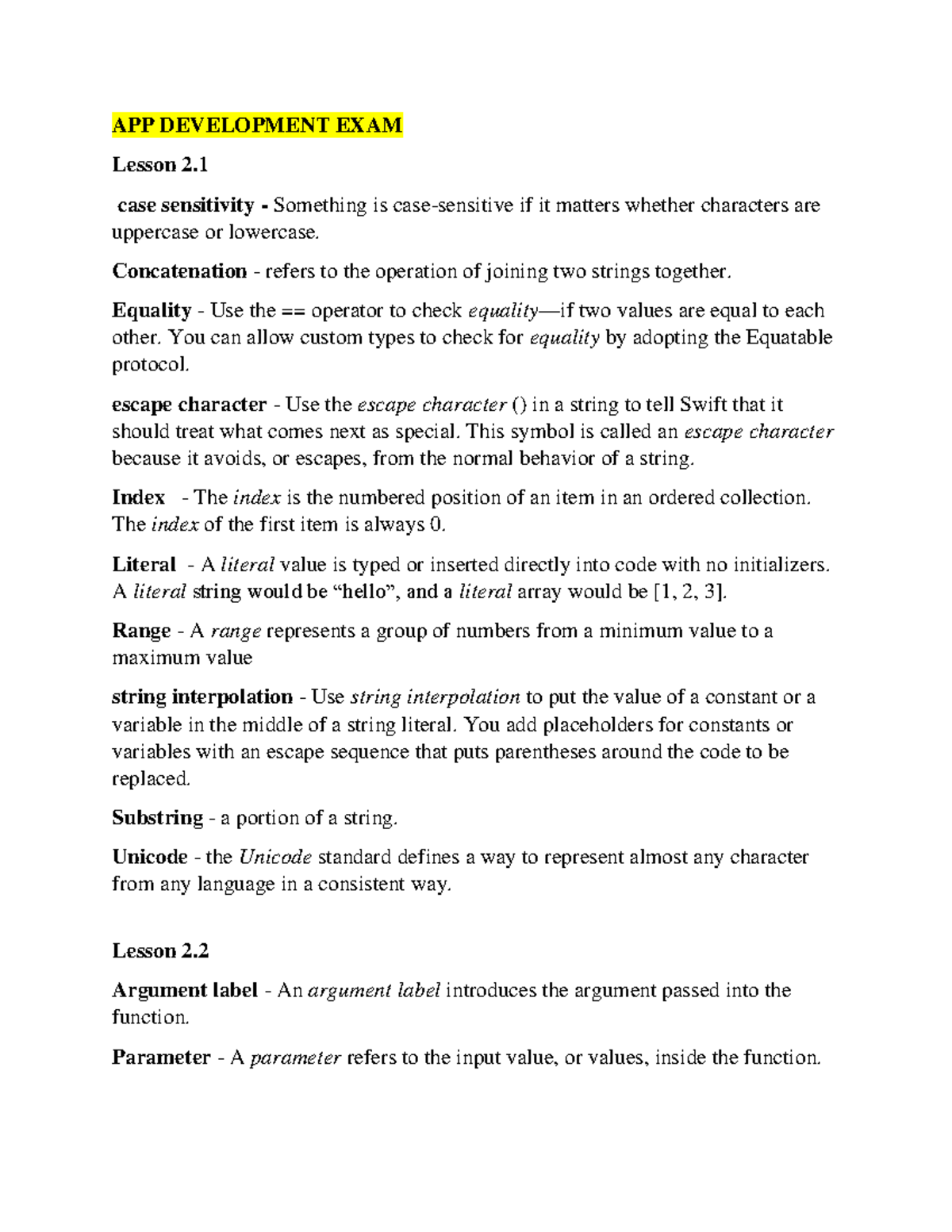 App development exam - Study Guide - APP DEVELOPMENT EXAM Lesson 2 ...