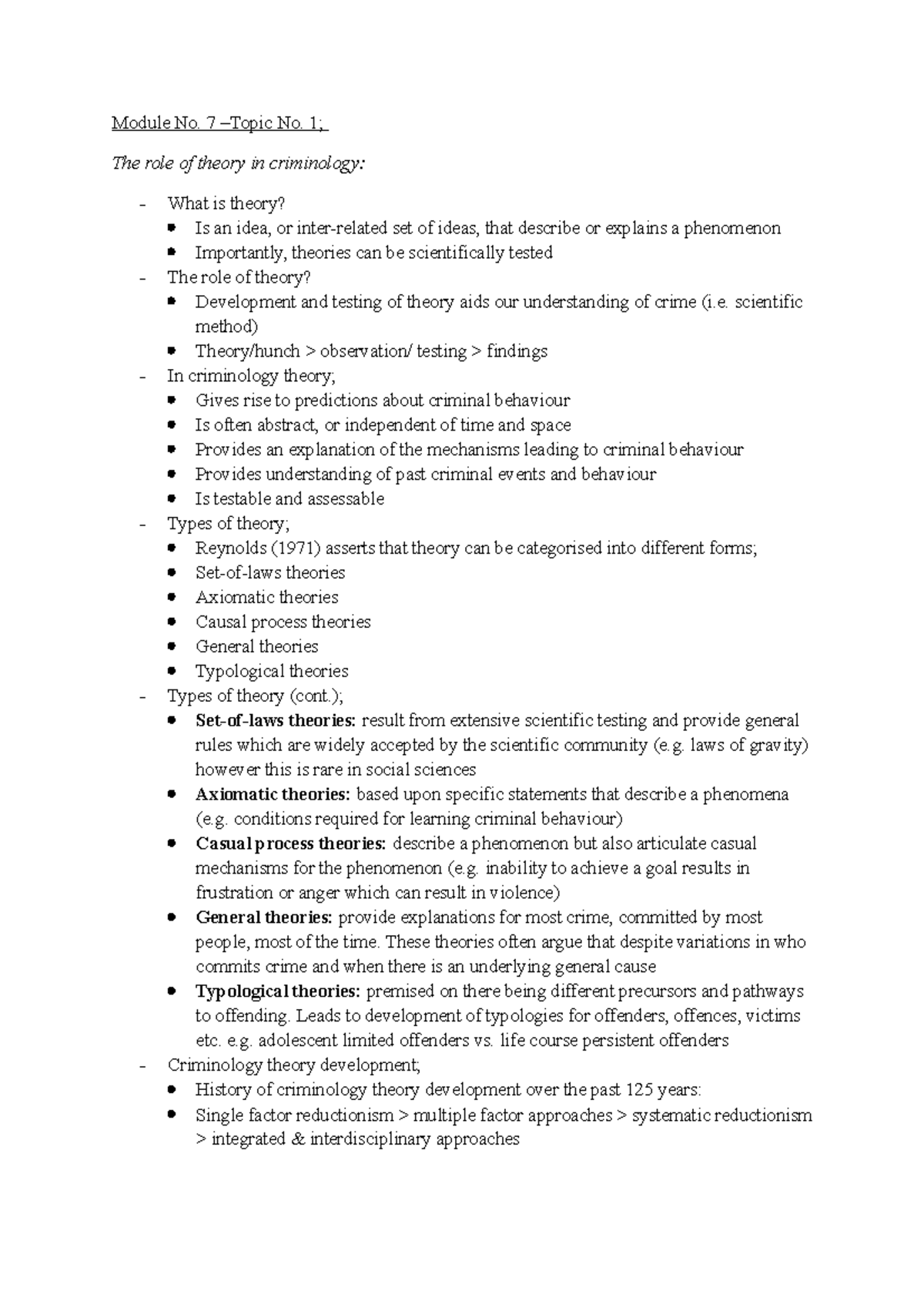 Crim notes wk 7-8 - Module No. 7 –Topic No. 1; The role of theory in ...