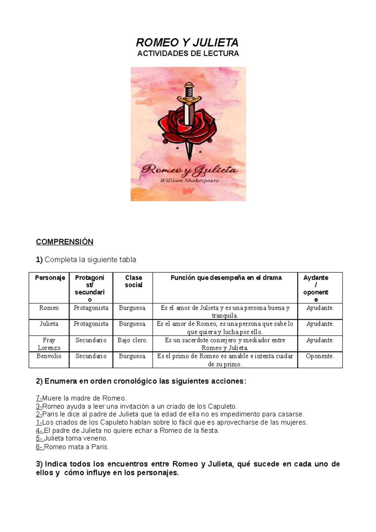Tarea Romeoy Julieta - ROMEO Y JULIETA ACTIVIDADES DE LECTURA COMPRENSIÓN 1) Completa la ...
