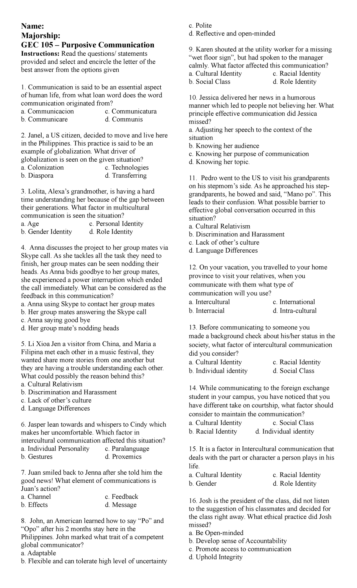 GEC 105 Purposive Comm Assessment - Name: Majorship: GEC 105 ...