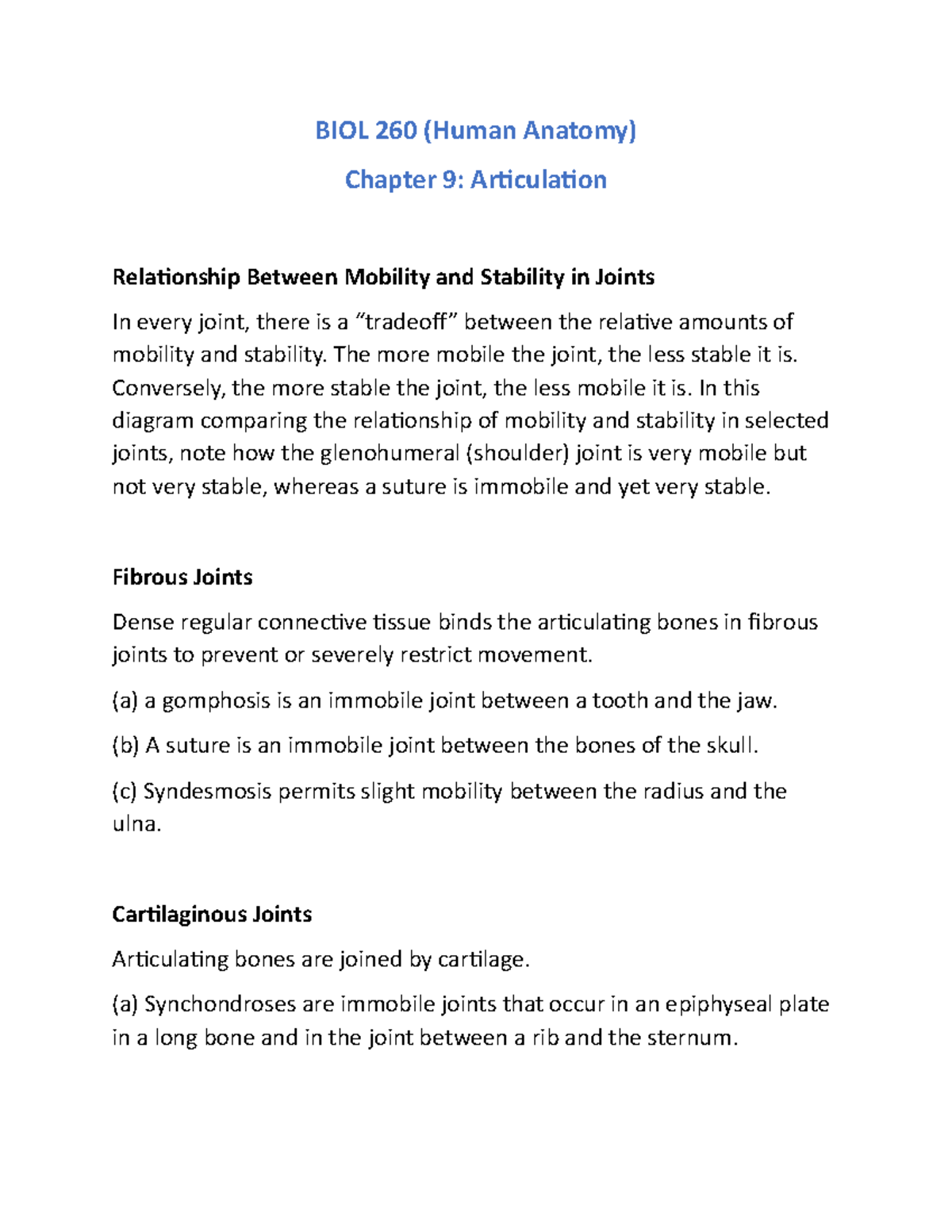 BIOL 260 Anatomy Ch 9 (Important) - BIOL 260 (Human Anatomy) Chapter 9 ...
